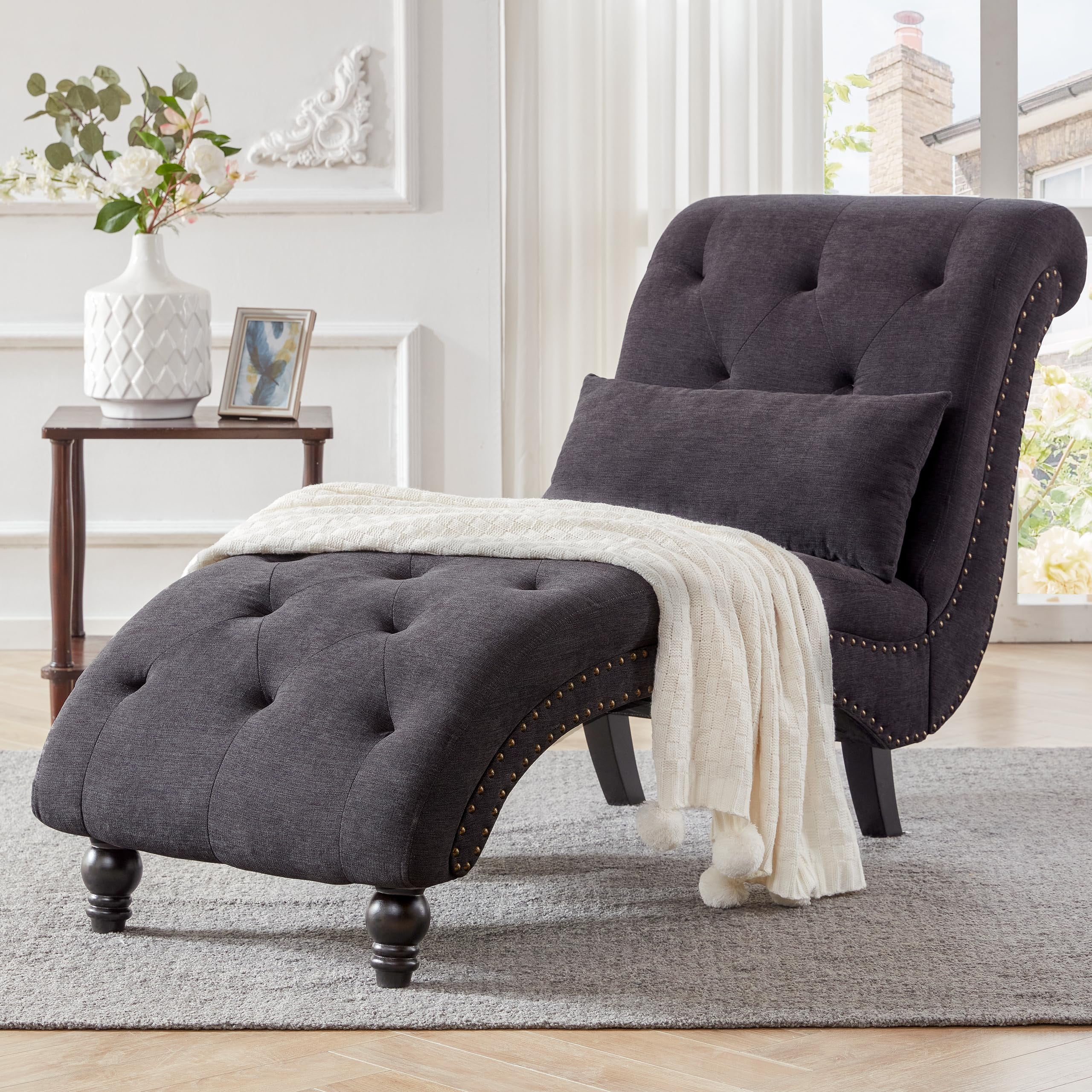 Weture Tufted Soft Chaise Lounge Indoor, Linen Rivets Chaise Lounge ...