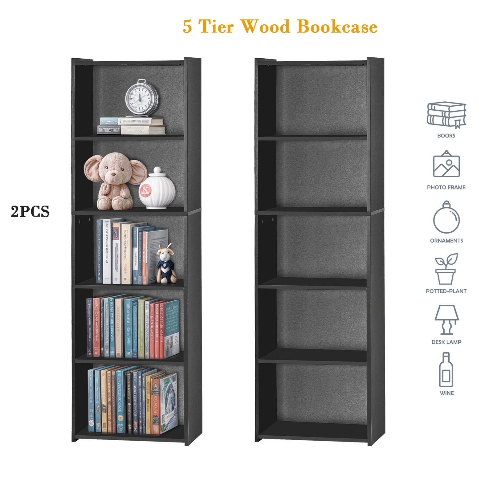 WgoodW 2-Pack 5-Tier Black Bookcase - Open Shelf Bookshelf for Storage ...
