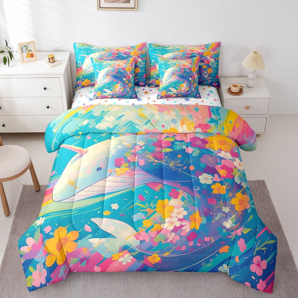 Whale 7 Pcs Comforter Set Full Size Oil Painting Colorful Bedding Ocean ...