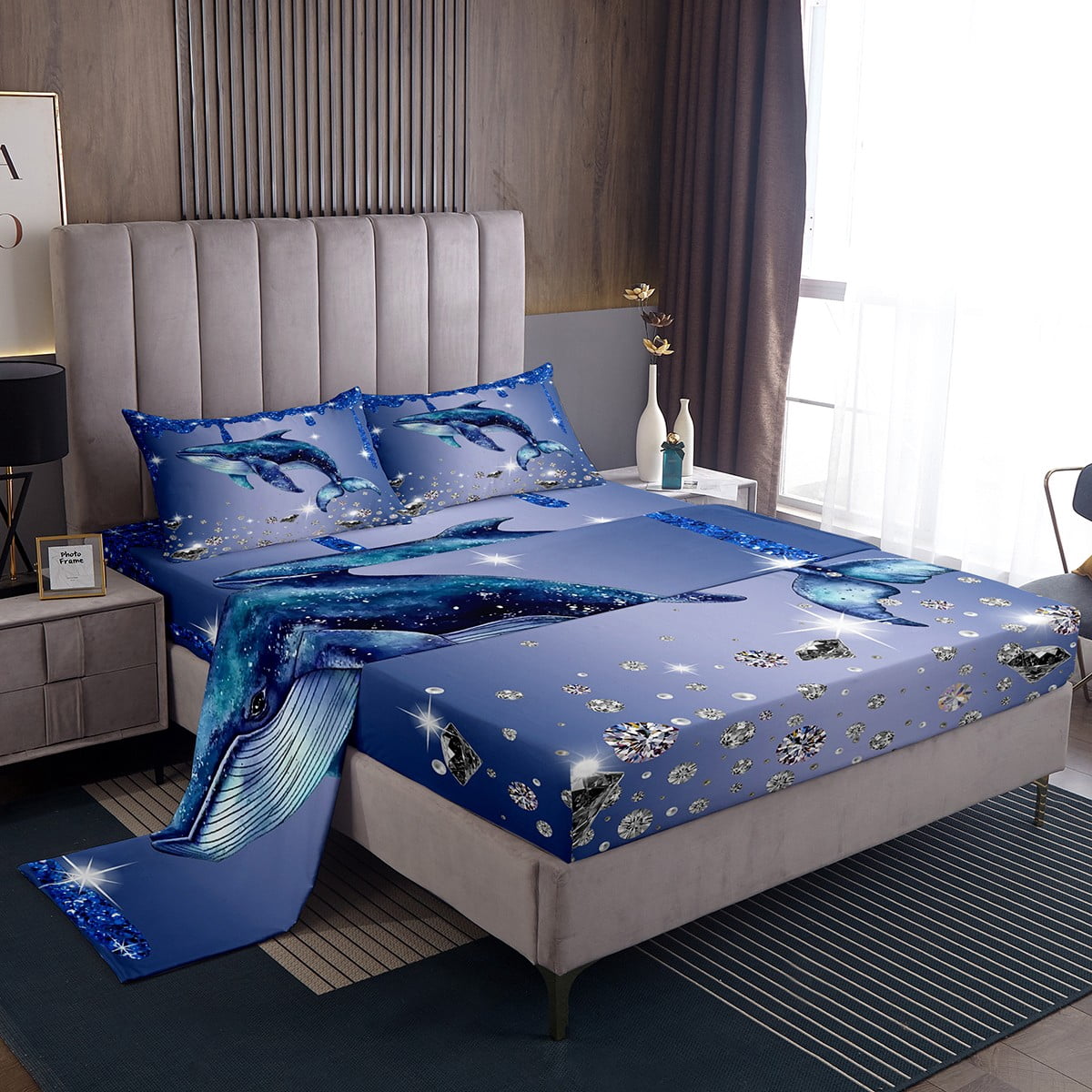 Whale Bed Sheets Set Blue Sequin Fluid Art Sheet Set Twin,Crystal ...