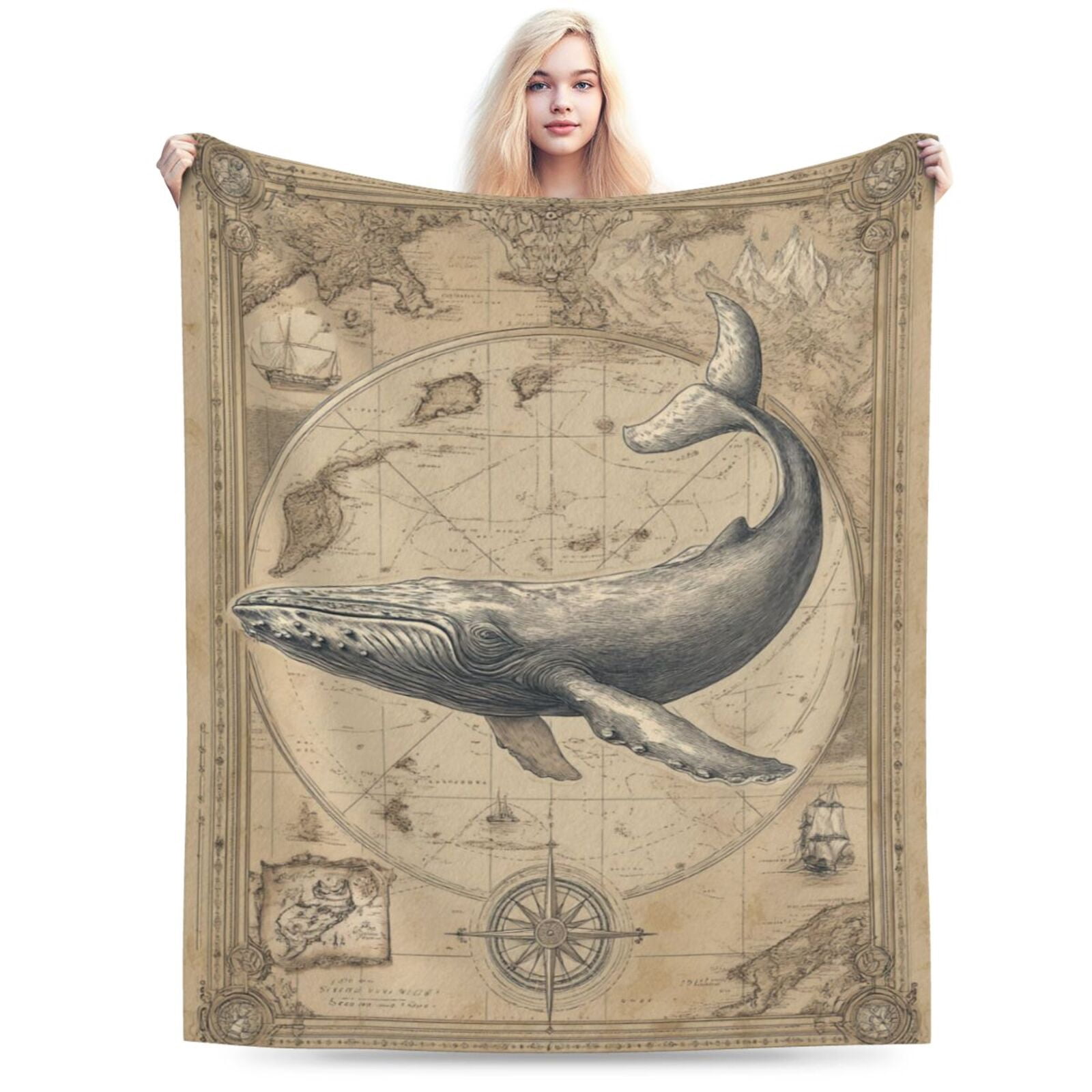 Whale Blanket Vintage Map Nautical Compass Marine Ocean Animal Throw ...