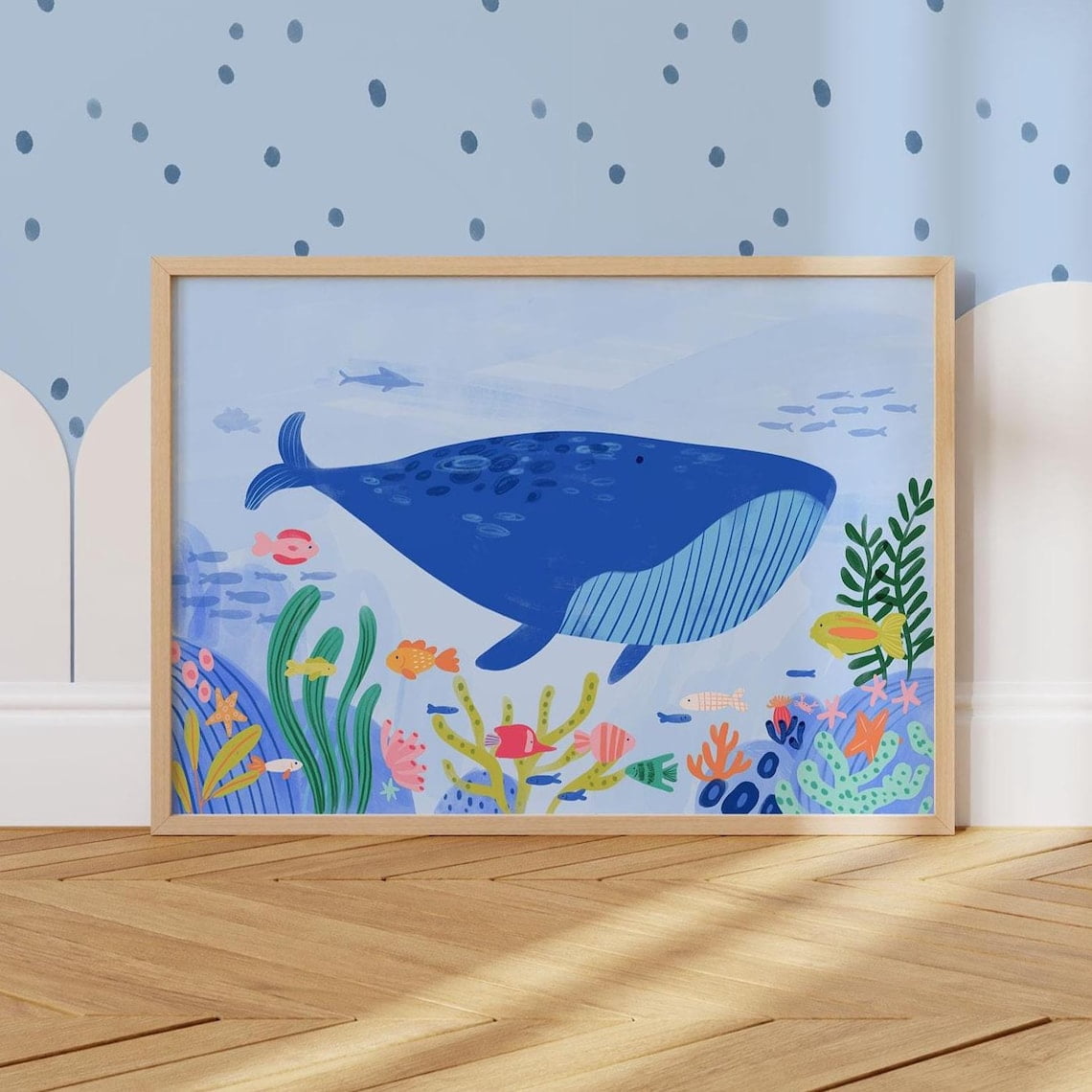 Whale Blue Ocean Nursery Wall Decor, Unframed Paper Poster 24x36in ...