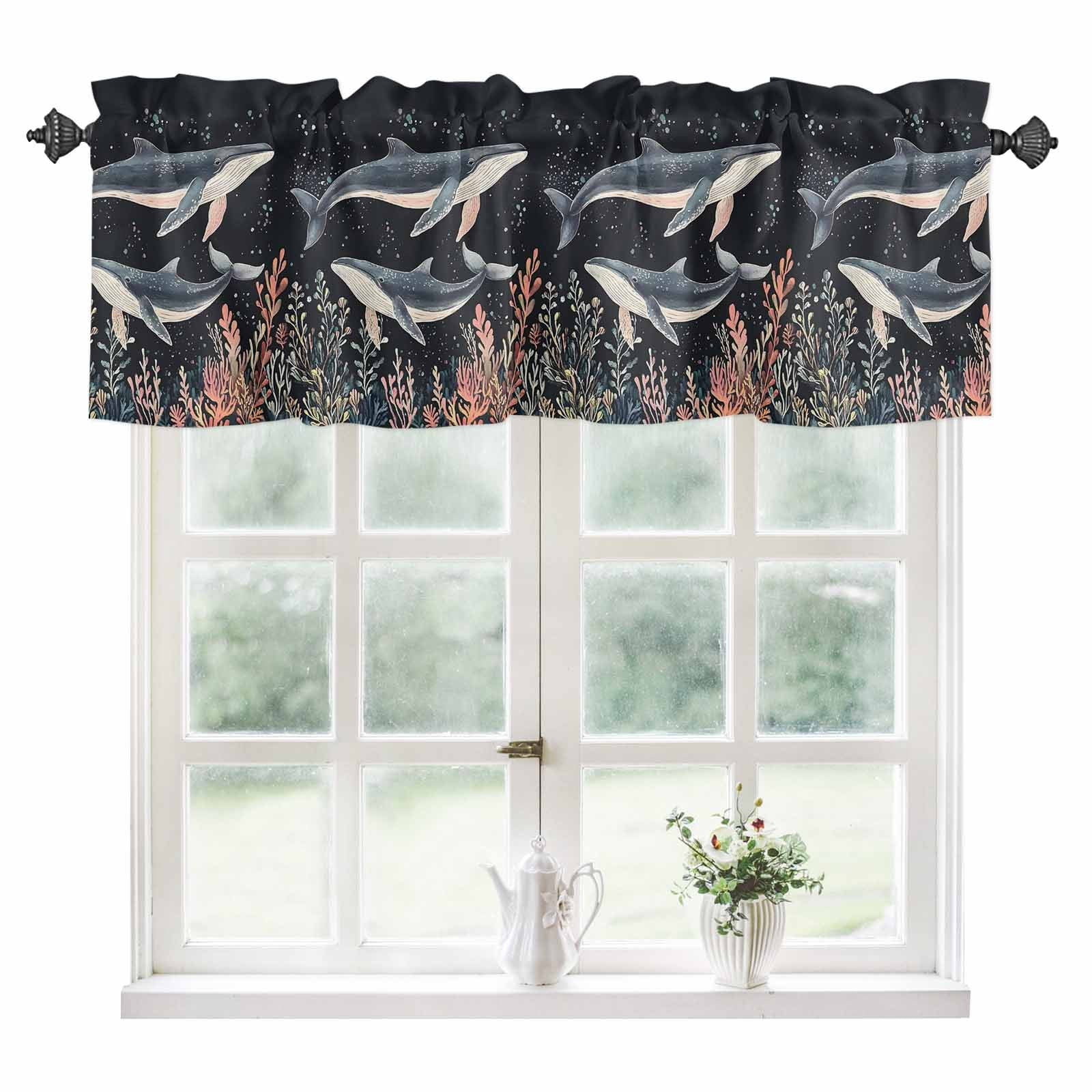 Whale Coastal Kitchen Valances for Windows 60x18 Inch Kitchen Curtains ...