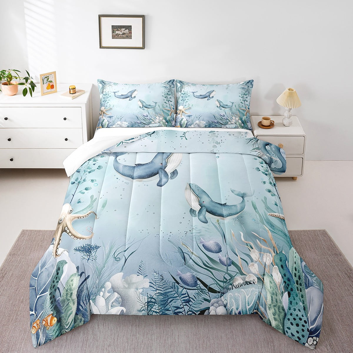 Whale Comforter Set Teal Blue Ocean Beach Coastal Twin Bedding ...