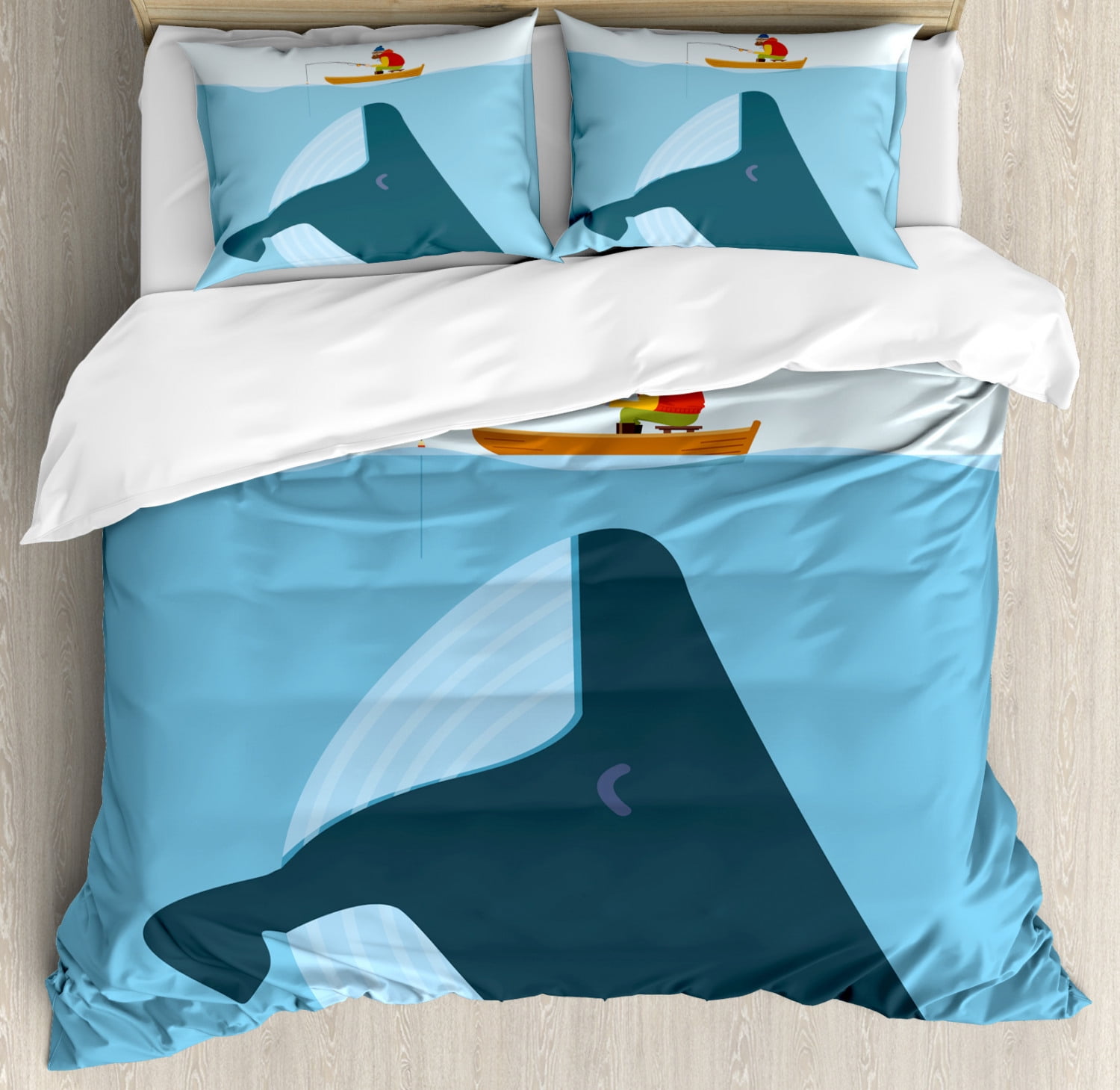 Whale Decor King Size Duvet Cover Set, Navy Themed Vintage Cartoon ...