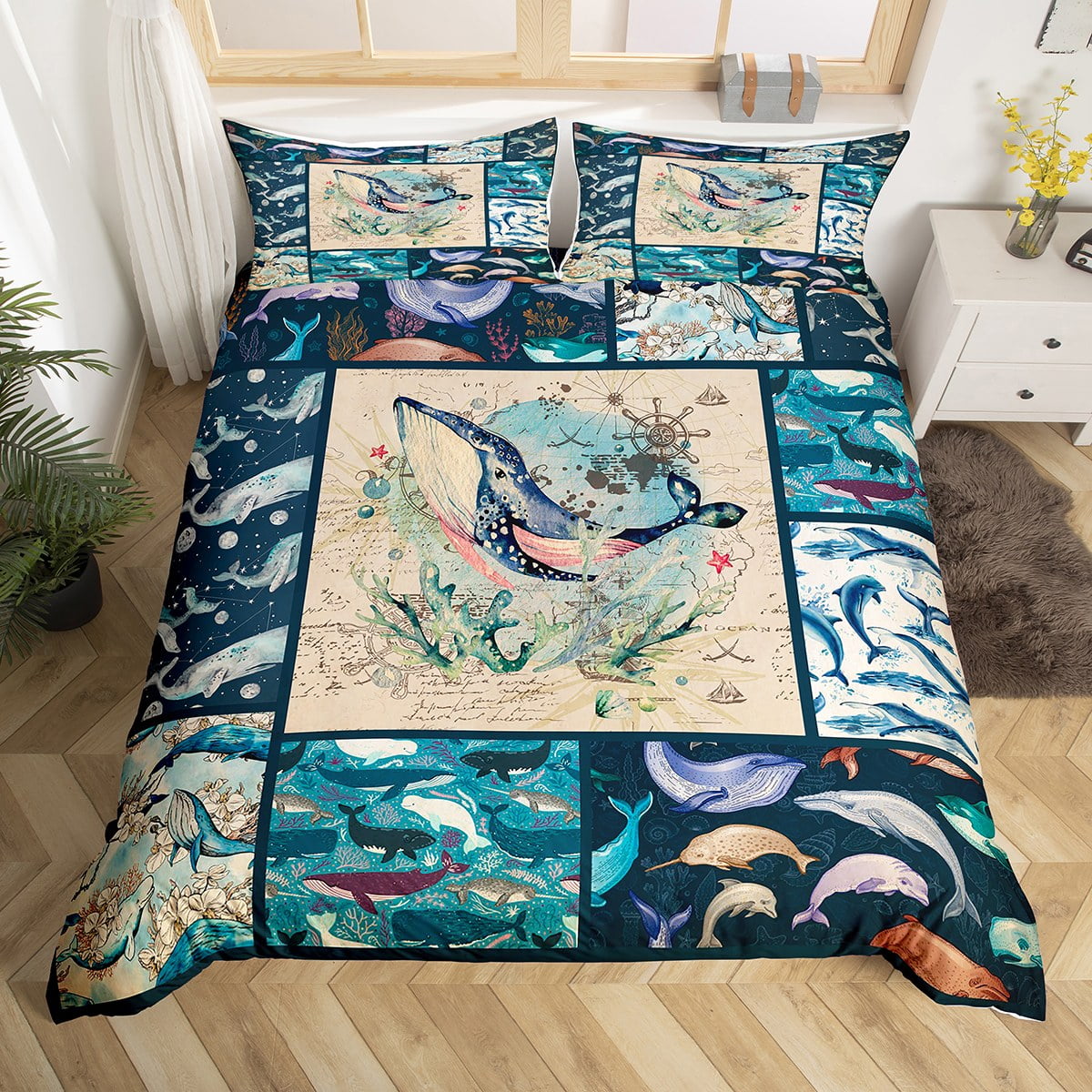 Whale Duvet Cover King, Retro Nautical Theme Bedding Set Bedroom Decor, Marine Life Quilt Cover ...