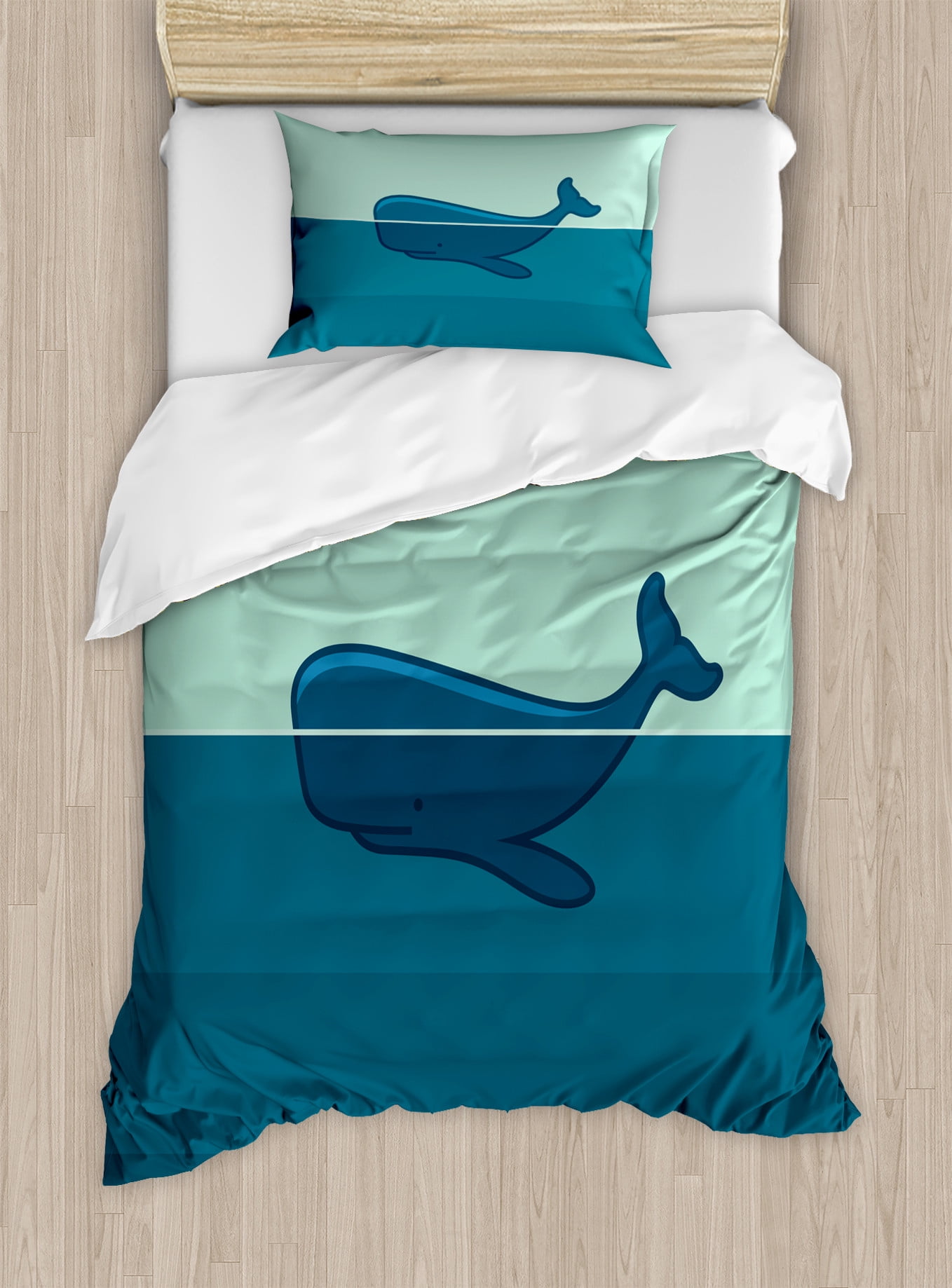 Whale Duvet Cover Set, Big Blue Whale Half of It Swimming on the top of ...