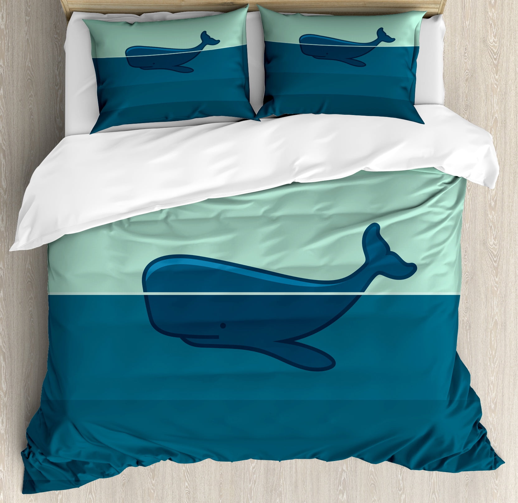 Whale Duvet Cover Set, Big Blue Whale Half of It Swimming on the top of ...
