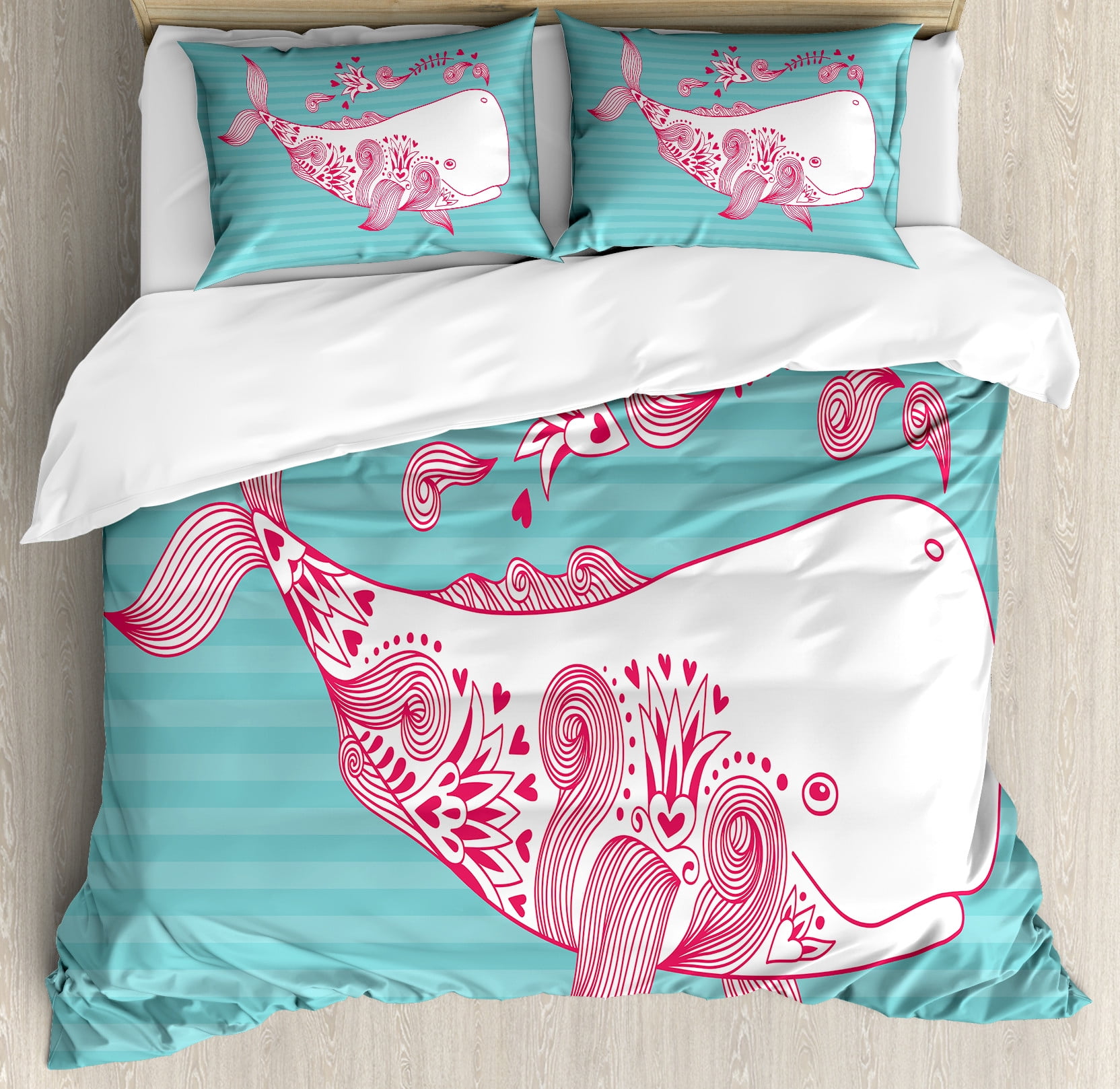 Whale Duvet Cover Set, Big Fish Swimming and Floral Marine Animal ...