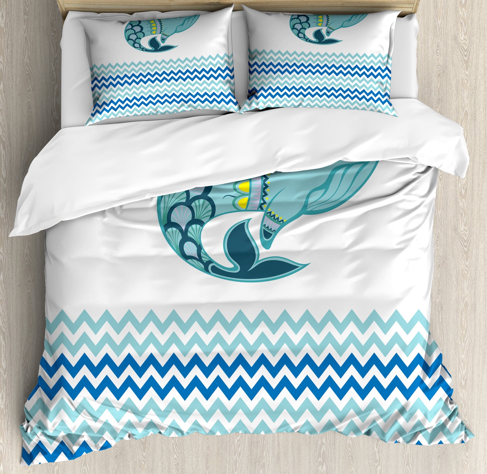 Whale Duvet Cover Set, Big Ornamental Tailed Design Whale with Zig Zag ...