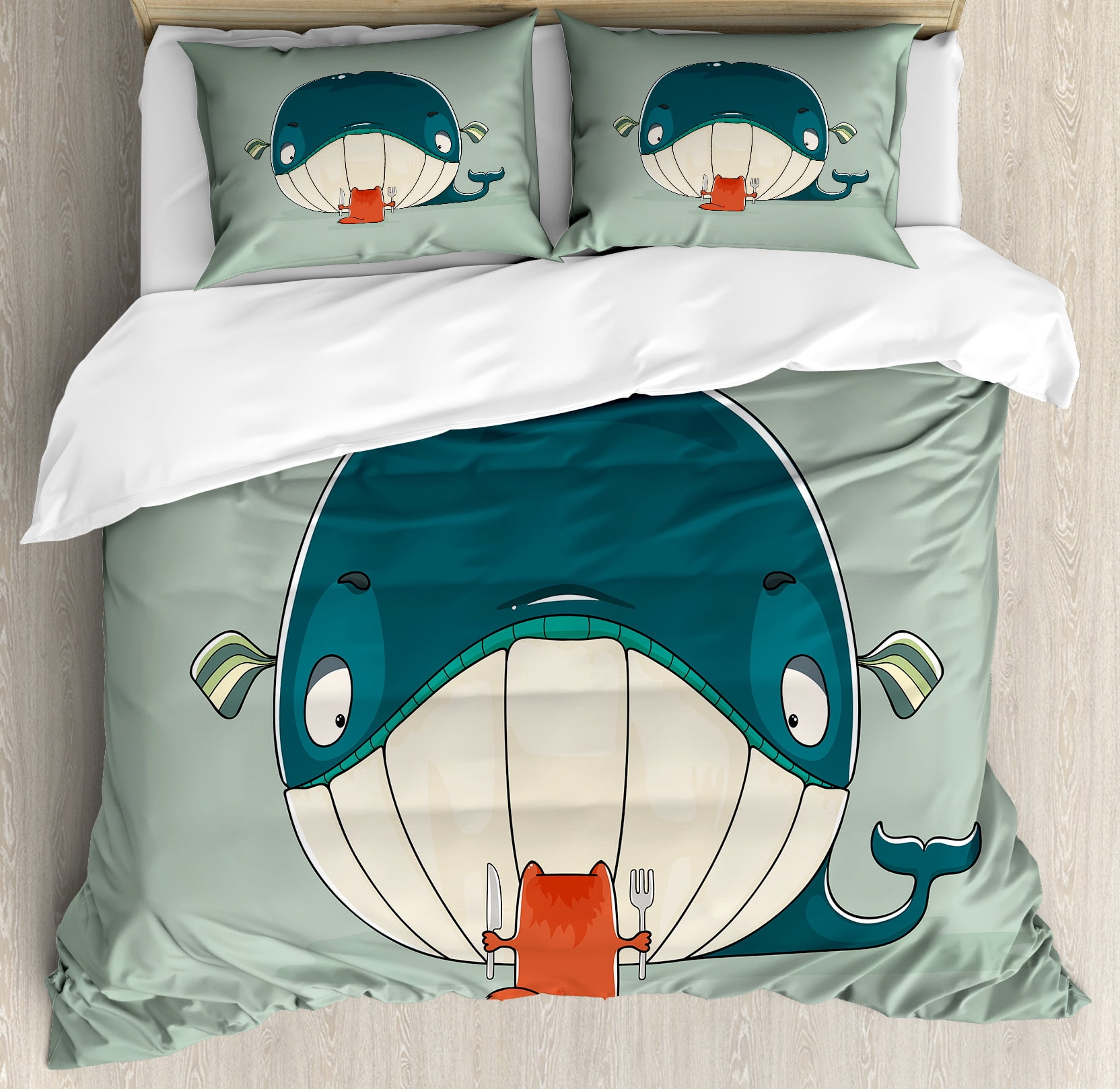 Whale Duvet Cover Set, Greedy Little Cat Sitting down to Dine on a Huge ...