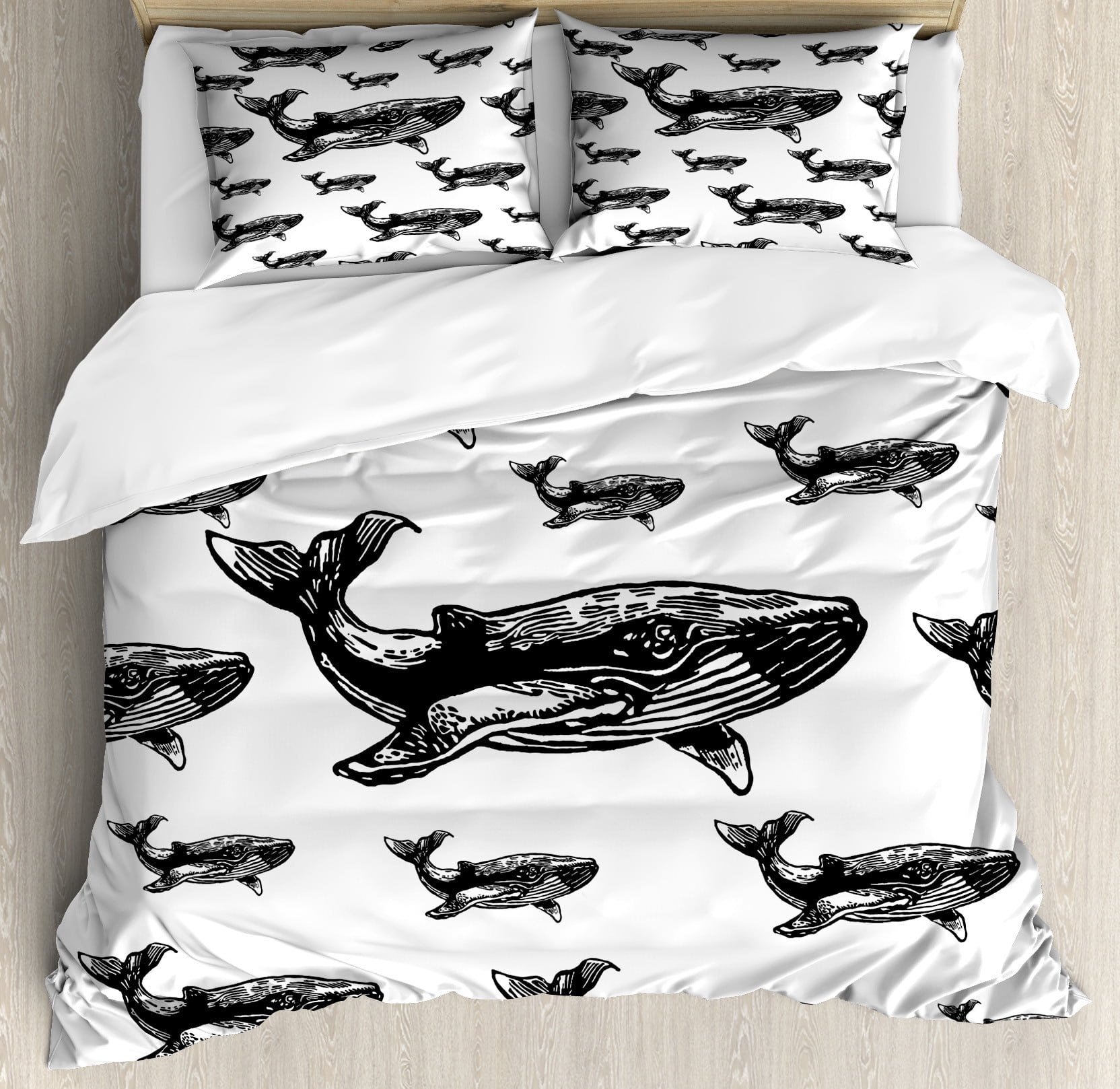 Whale Duvet Cover Set, Hand Drawn Striped Blur Swimming Schoal of Huge ...