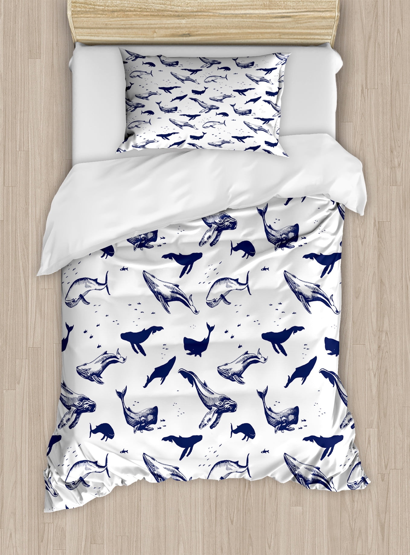 Whale Duvet Cover Set, Monochrome Marine Exotic Ocean Fishes Whales ...