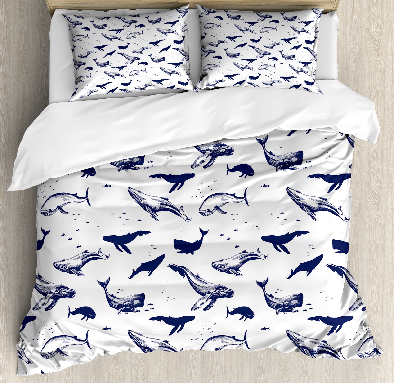Whale Duvet Cover Set, Monochrome Marine Exotic Ocean Fishes Whales ...