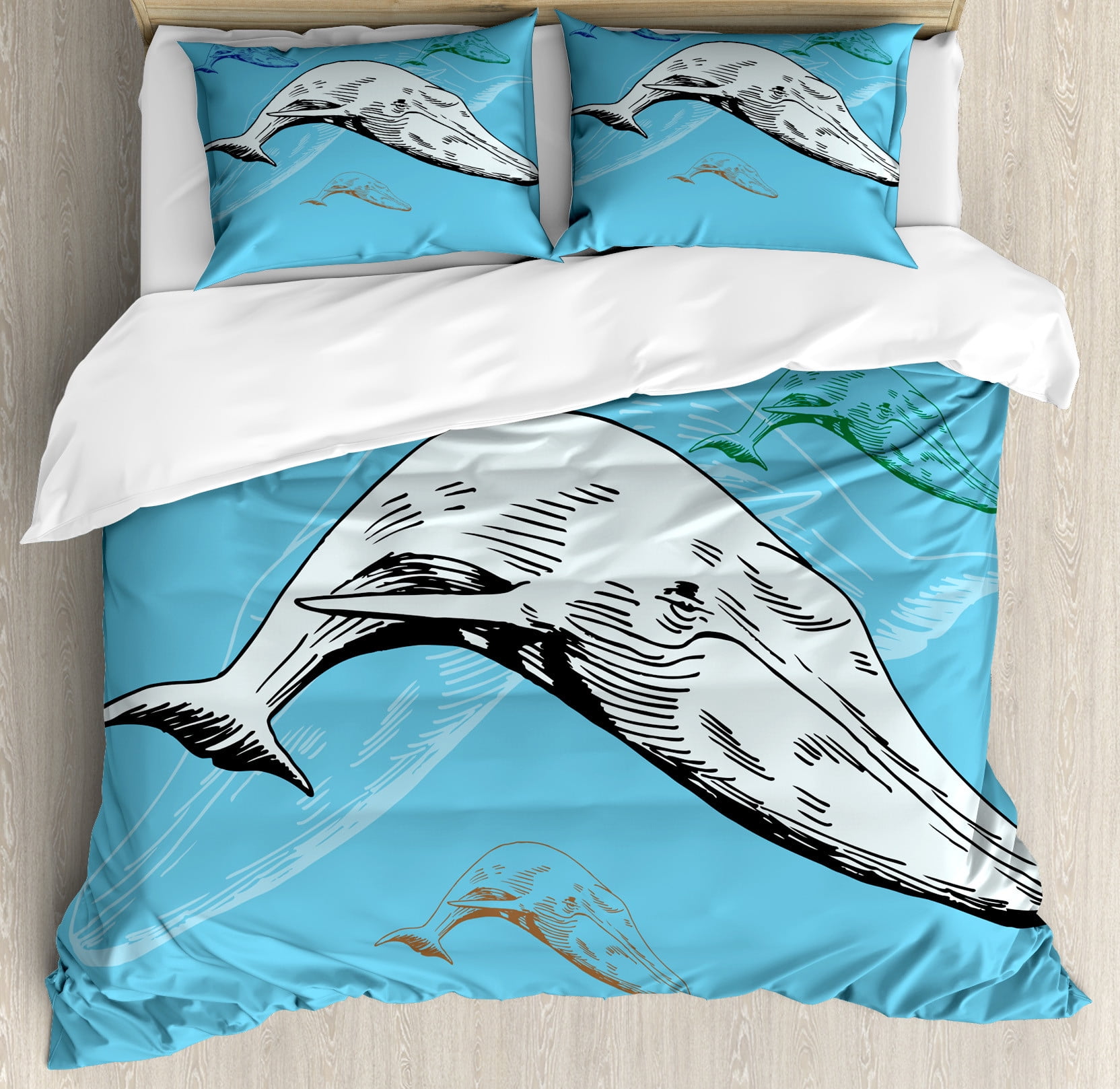 Whale Duvet Cover Set, Shoal of Whales in Colors Swimming in the Ocean ...