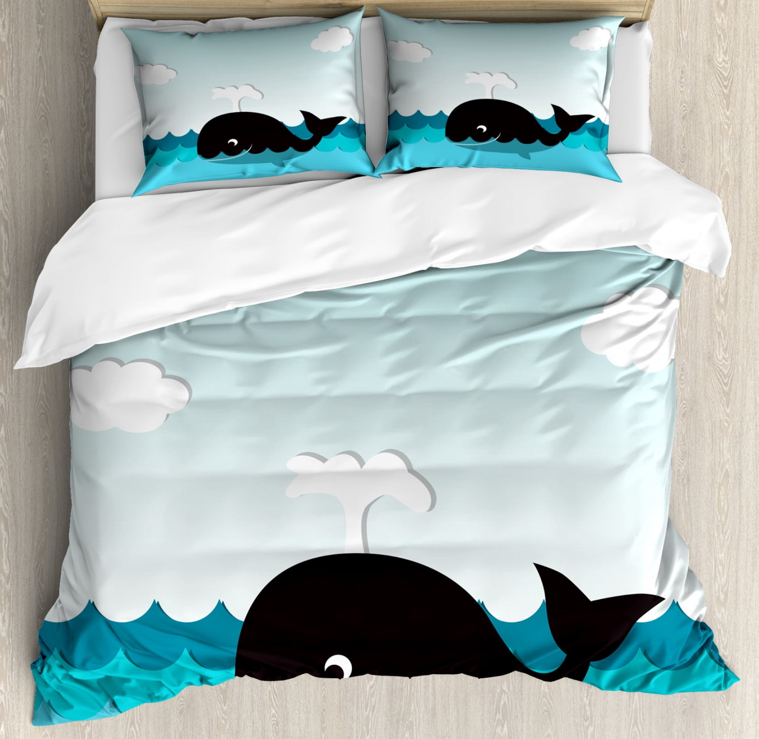 Whale Duvet Cover Set, Smiling Happy Black Whale Swimming in the Wavy ...