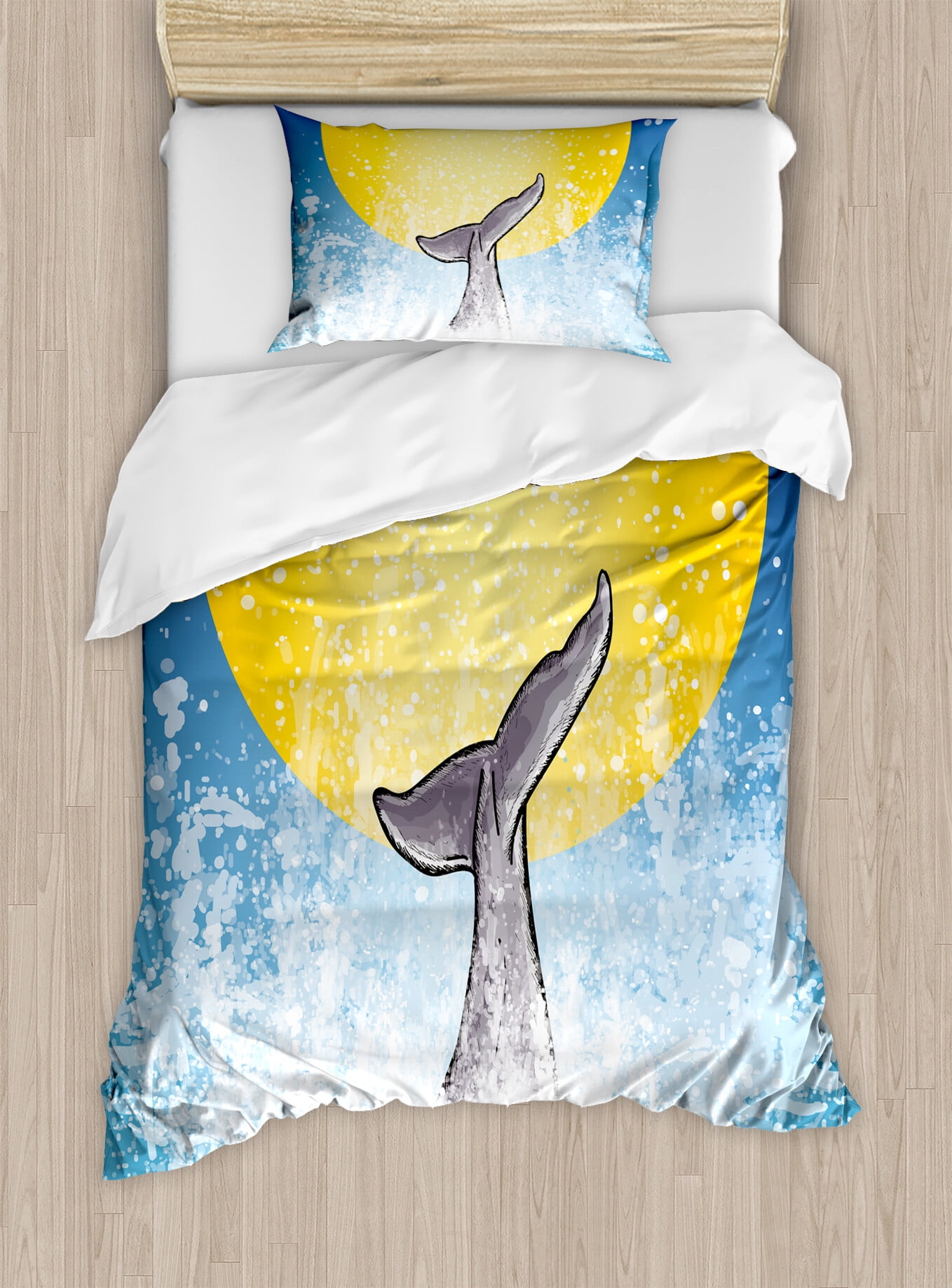Whale Duvet Cover Set, Whales Tail in Ocean on Full Moon Diving in ...