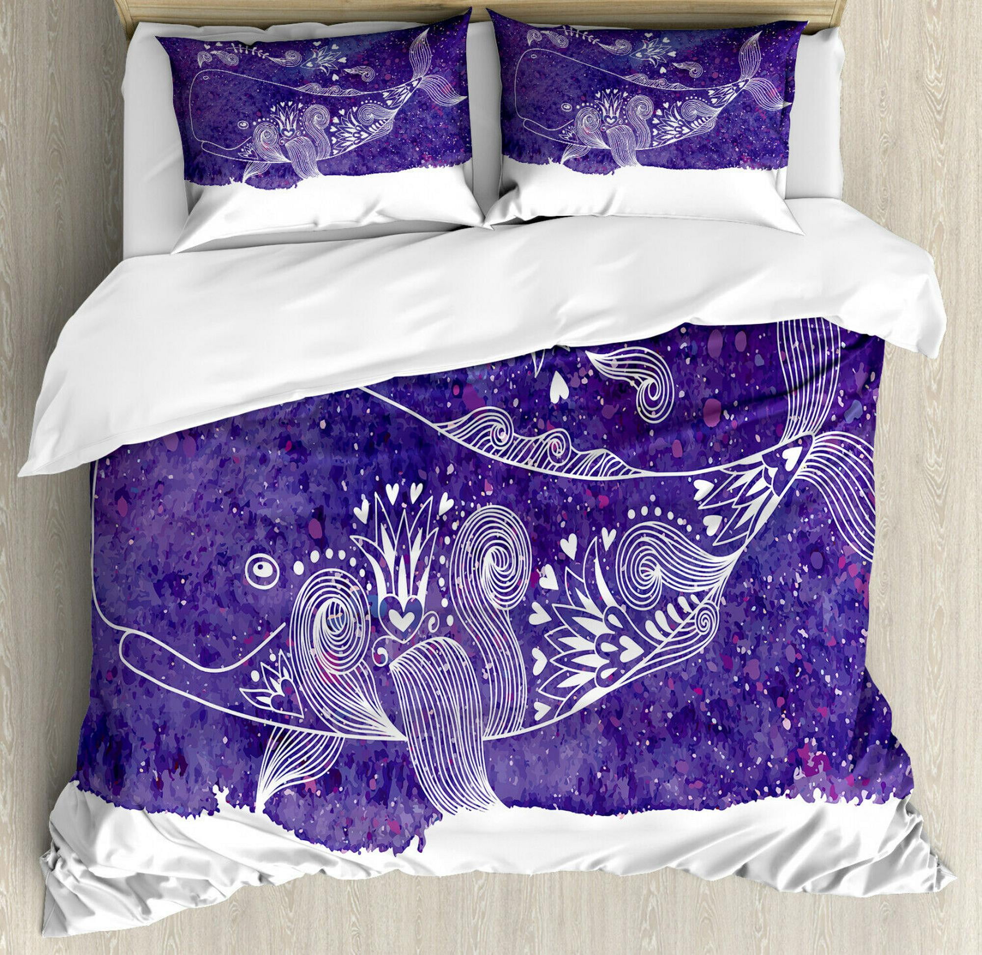 Whale Duvet Cover Set with Pillow Watercolor Fish Floral Print ...