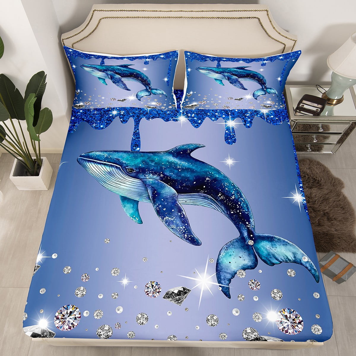 Whale Fitted Sheet Blue Sequin Fluid Art Bed Sheets Queen Size Bed Set ...