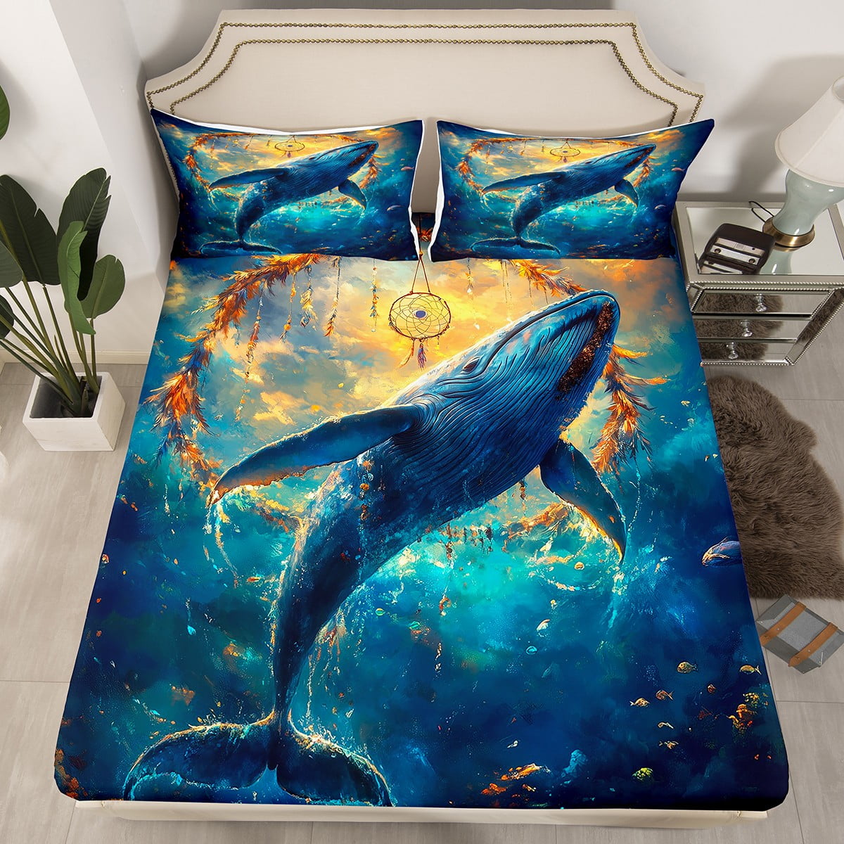 Whale Fitted Sheet Dreamcatcher Bed Sheets Full,Boho Feather Sheets ...