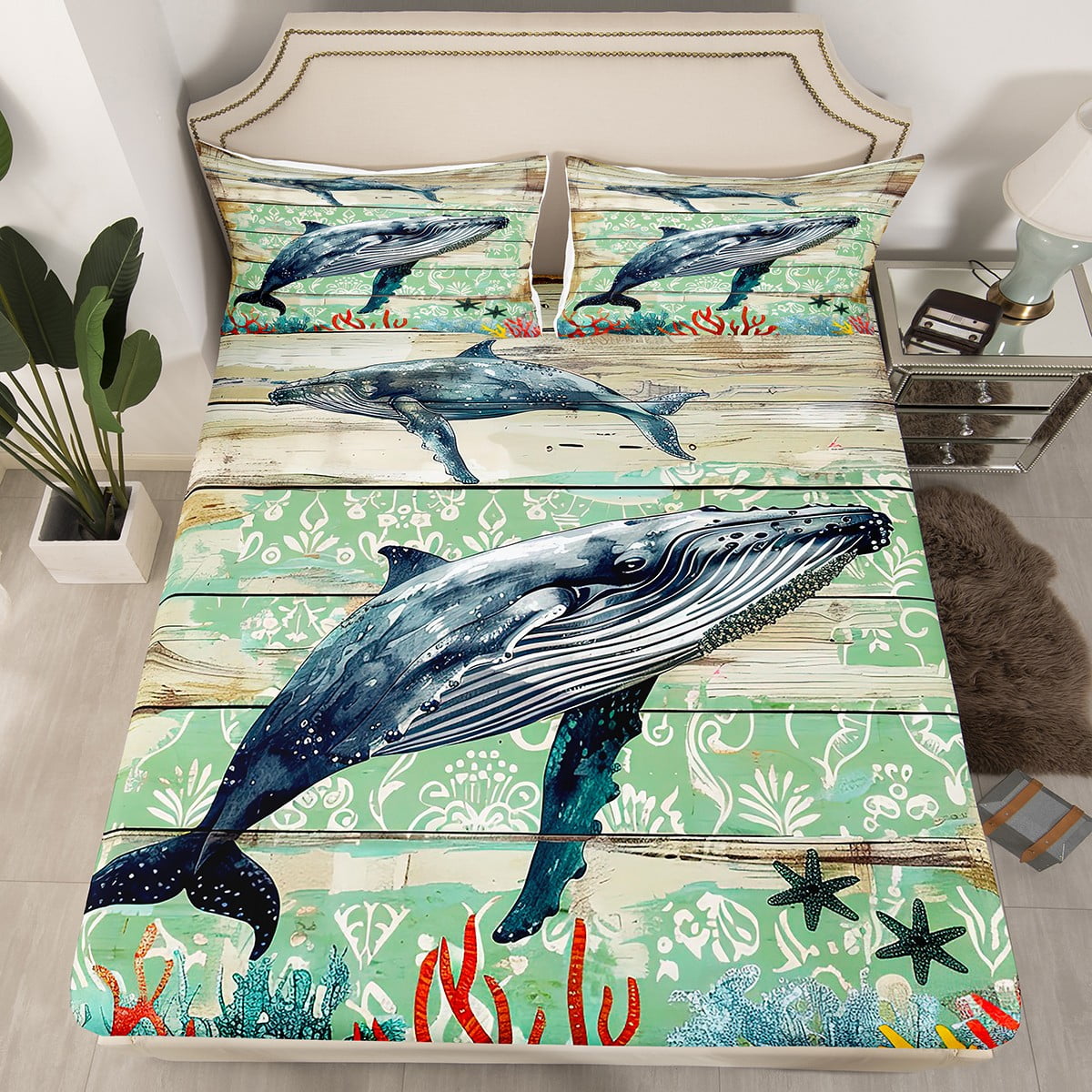 Whale Fitted Sheet Nautical Sea Animal Bed Sheets Queen,Coastal Sheets ...