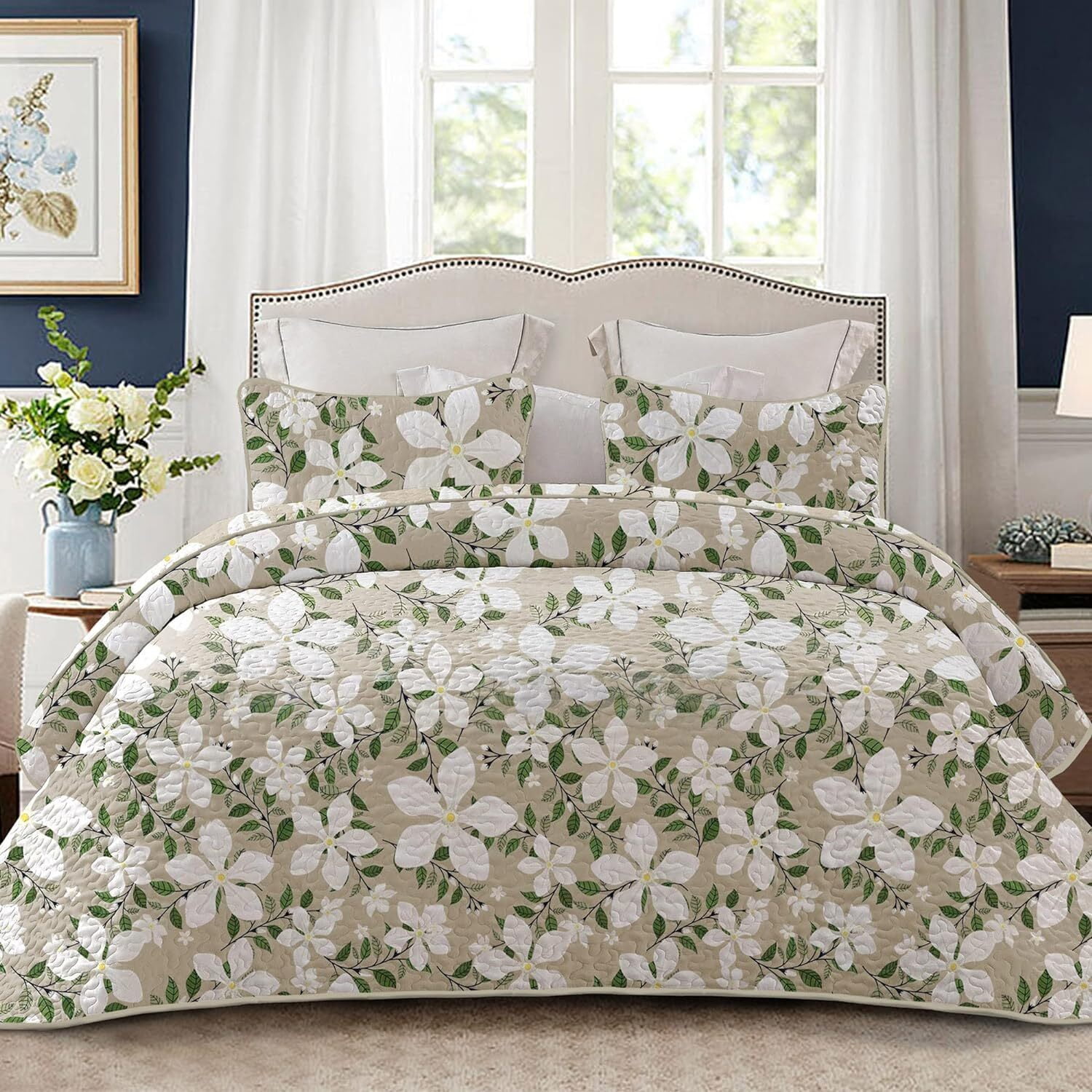 Whale Flotilla Reversible Floral Quilt Set King Size, Lightweight Boho ...