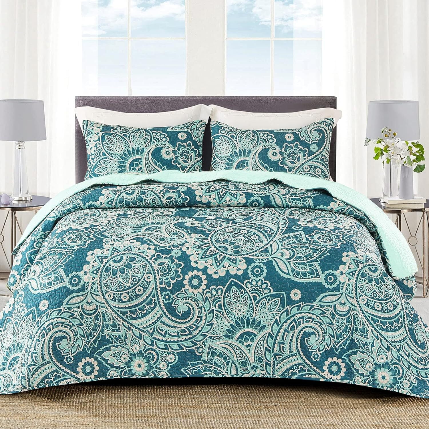 Whale Flotilla Reversible Paisley Quilts King Size, Lightweight Boho ...