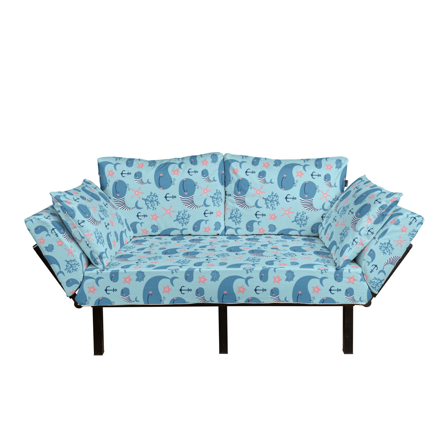 Whale Futon Couch, Happy Smiling Sea Animals with Coral Reef Anchor ...