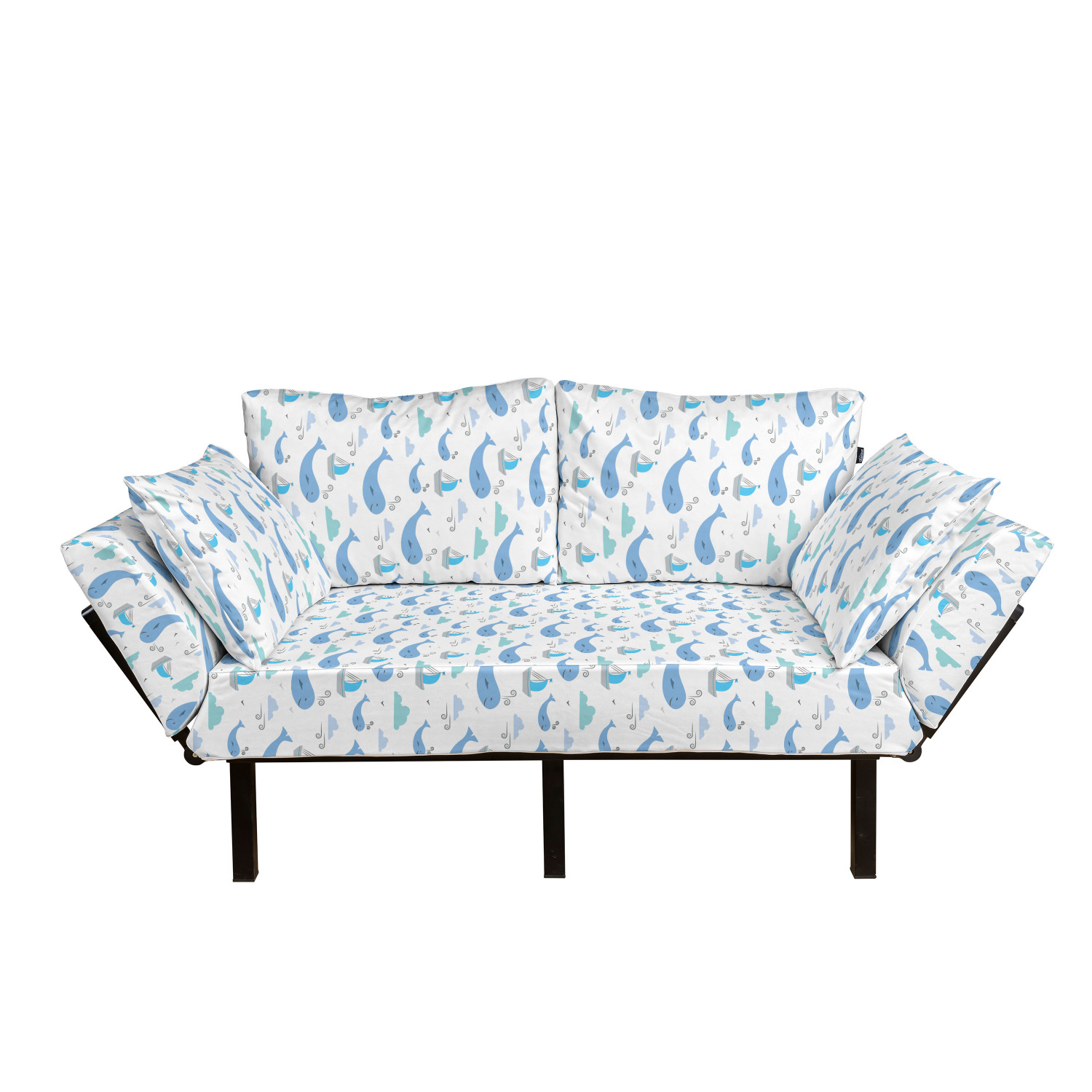 Whale Futon Couch, Marine Life Illustration Ships Clouds and Wind ...