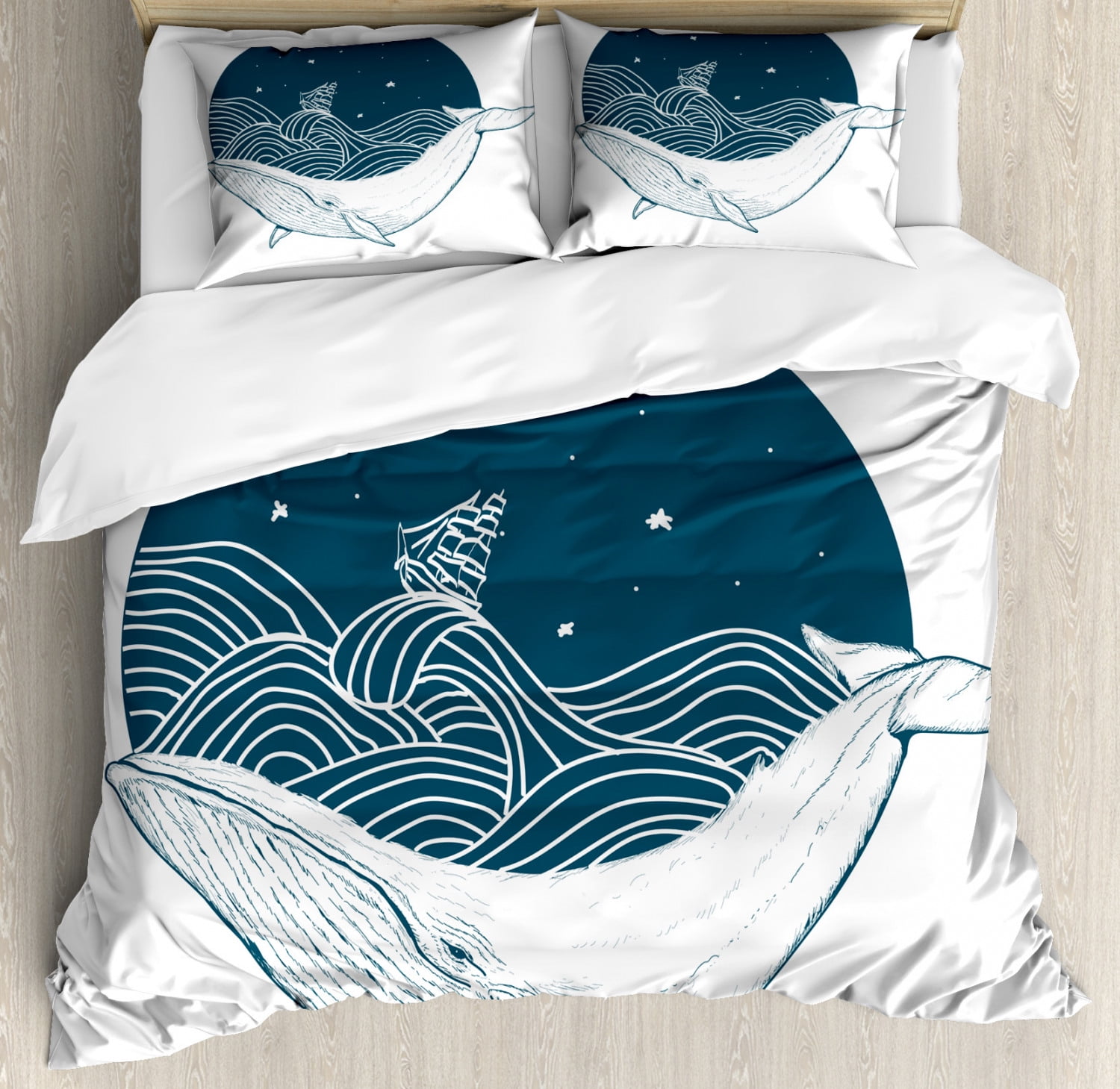Whale Duvet Cover Set, Big Mammal Swimming in a Wavy Ocean Stars and ...