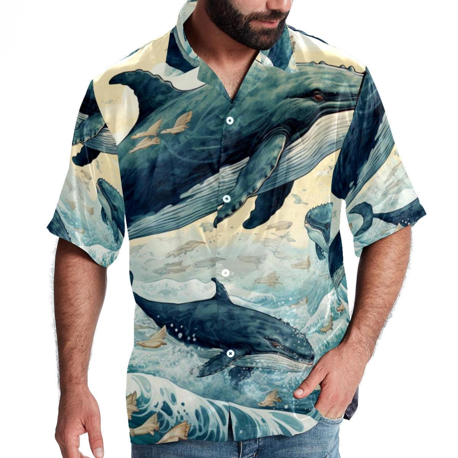 Whale Men's Casual Printed Button Down Short Sleeve Spread Collar Beach ...