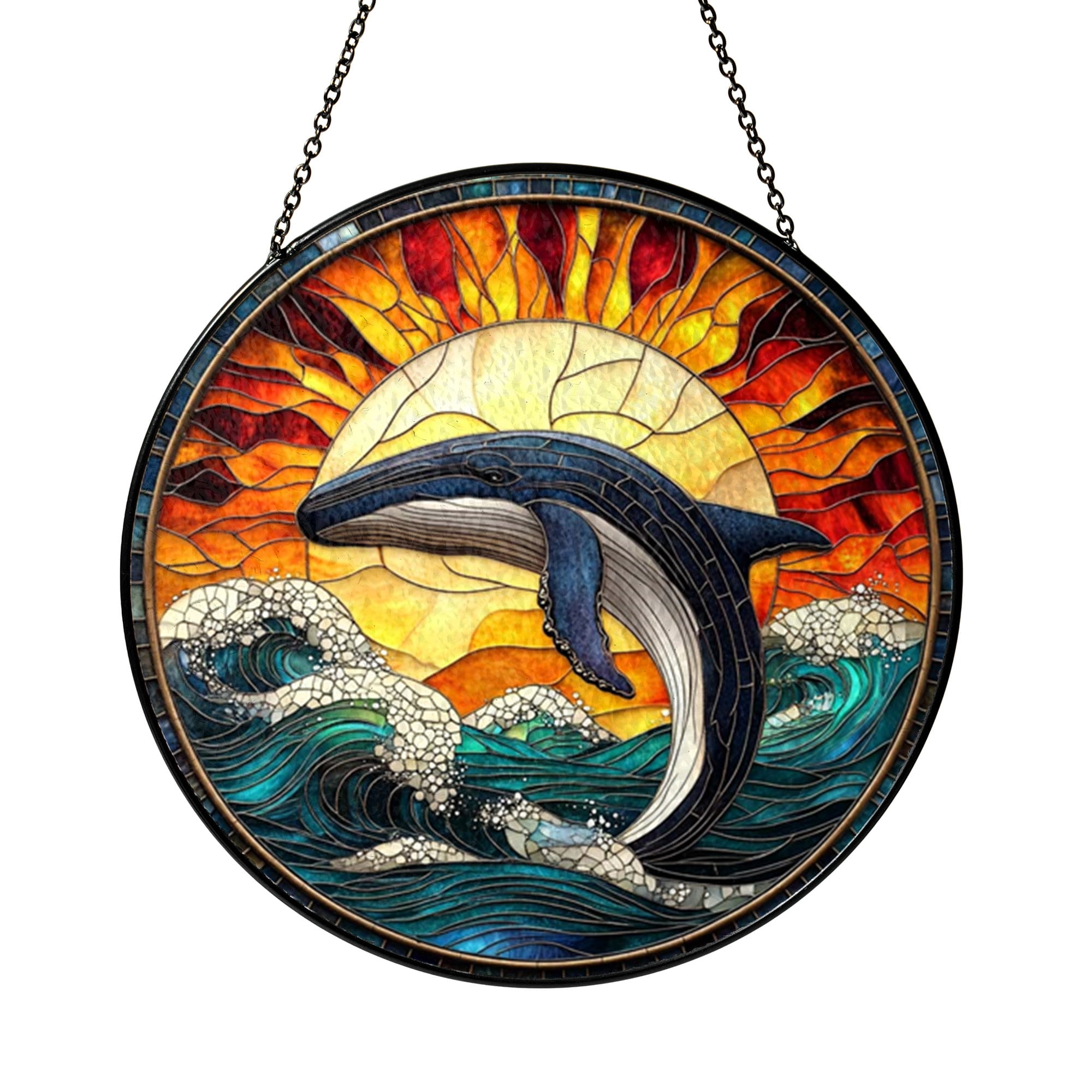 Whale Ocean Scene Stained Glass Suncatcher, Marine Window Hanging Decor ...
