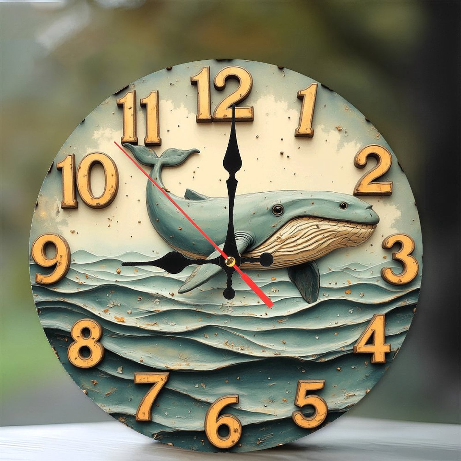 Whale Ocean Wall Clock Marine Decor Unique Design 10-Inch Silent Wooden ...