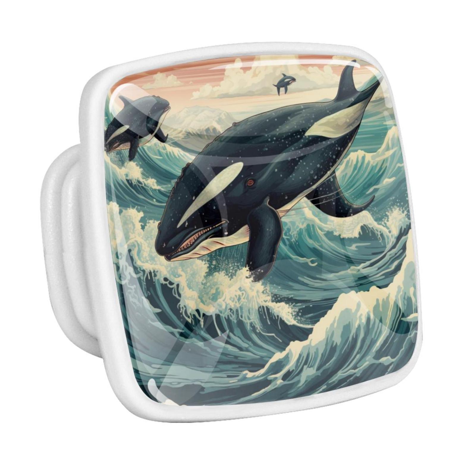 Whale Sea Ocean Fluorescent Drawer Pulls with Screws Square 4-Pack Glow Dark Knobs for Cabinets ...