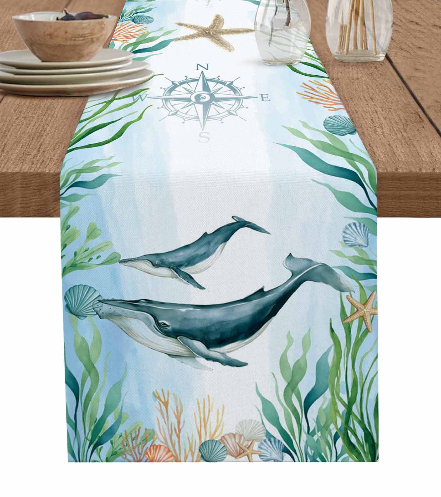 Whale Table Runner 72 Inches, Coast Ocean Starfish Coral Nautical Blue ...