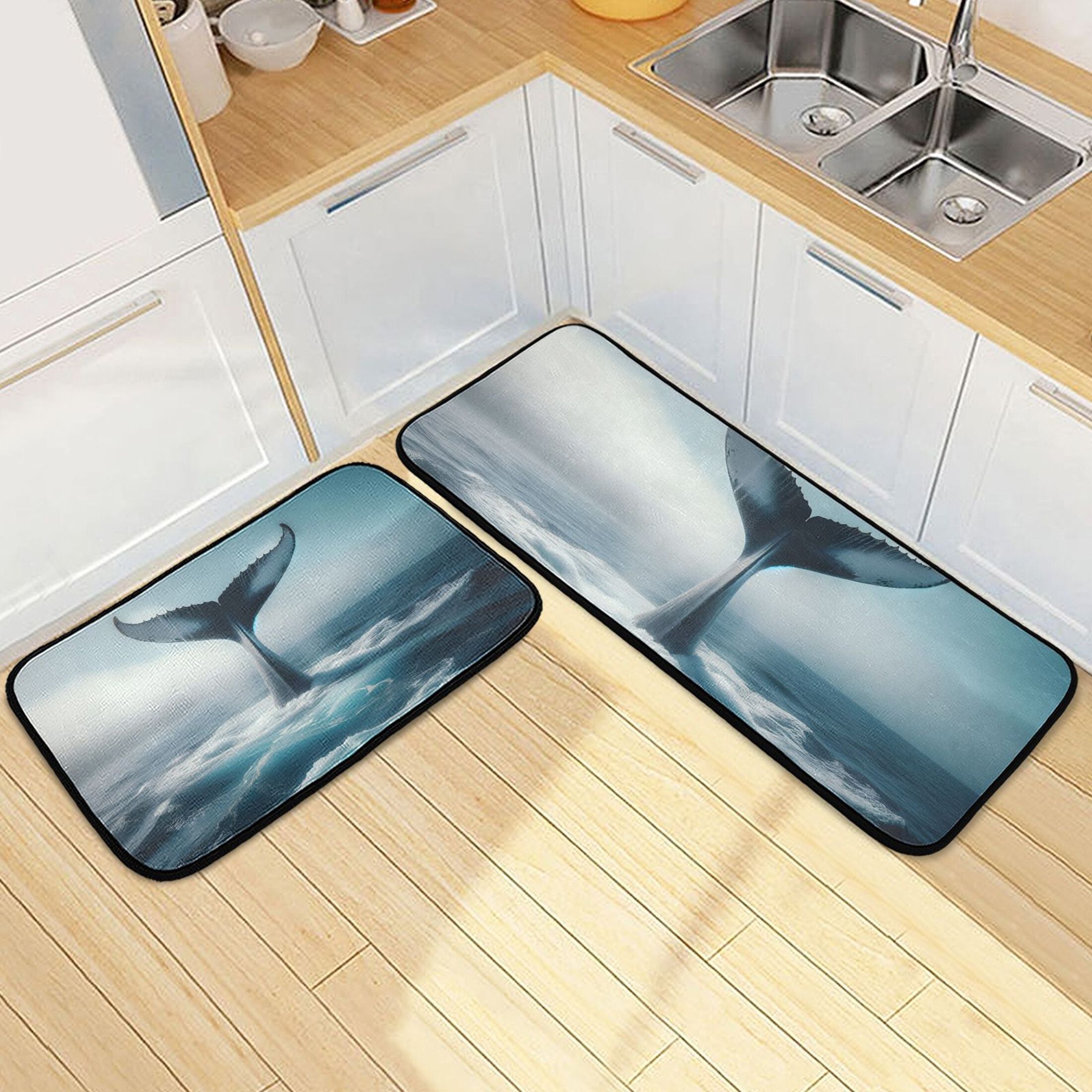 Whale Tail Kitchen Rugs Set of 2 Non Slip Floor Foam Mat Cushioned Soft ...