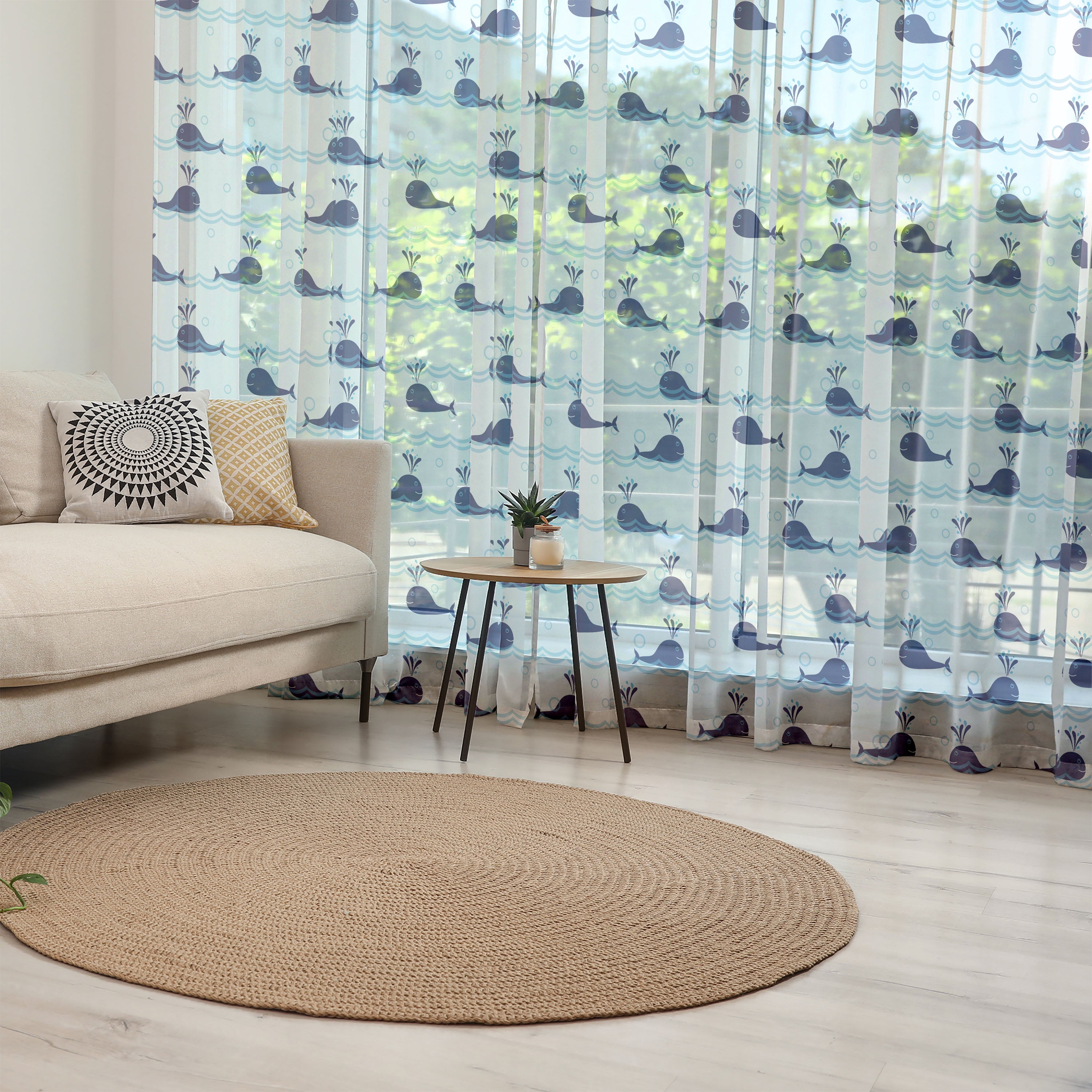 Whale Tulle Curtains with Rod Pocket, Horizontal Ocean Waves with Blue ...