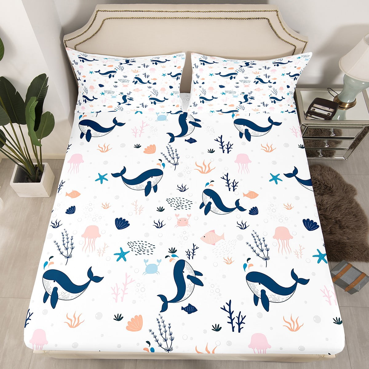 Whale Twin Bed Sheets Coastal Sea Animal Fitted Sheet for Teenage ...