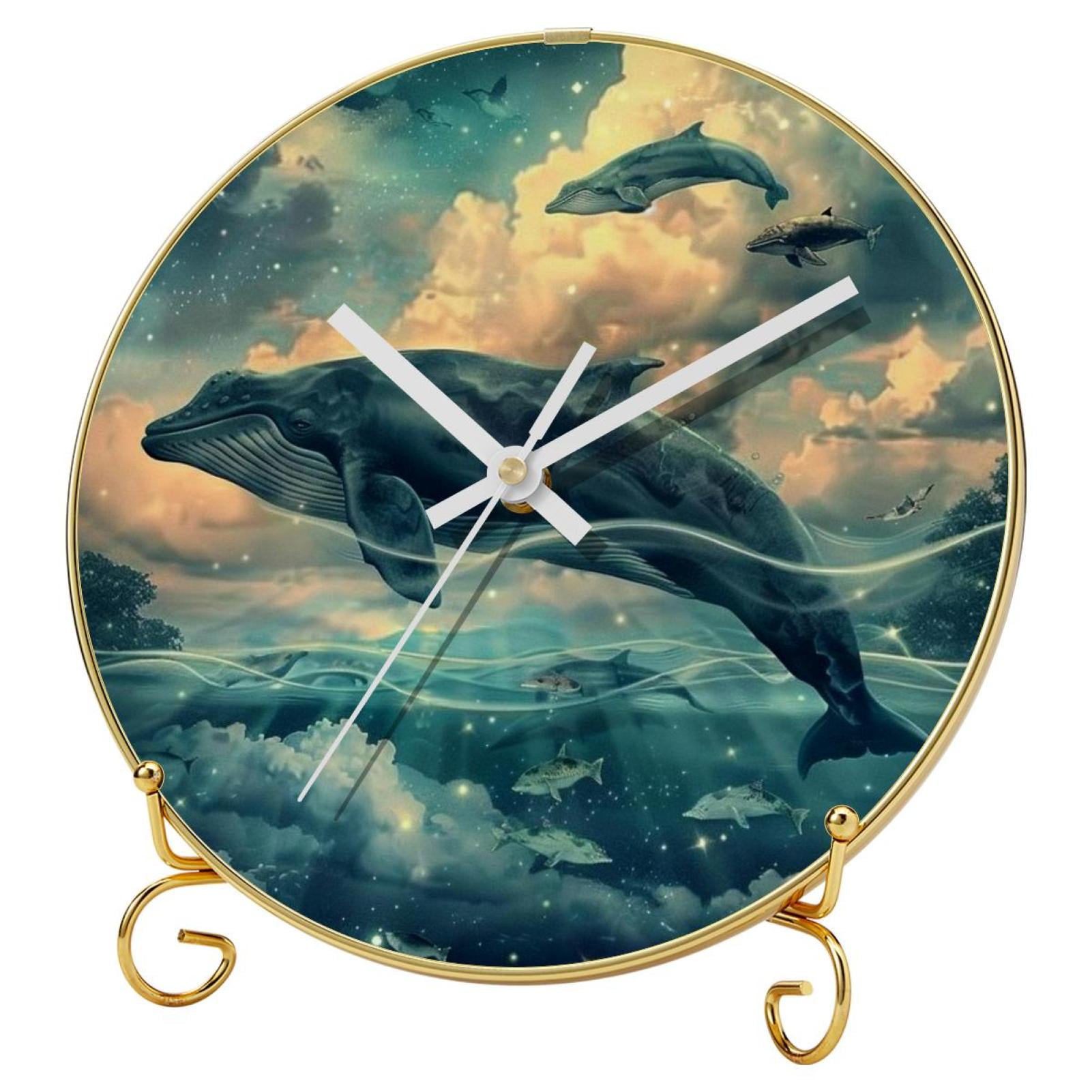 Whale Wall Clocks Round Printed with Hooks and Gold Stand Silent Non ...