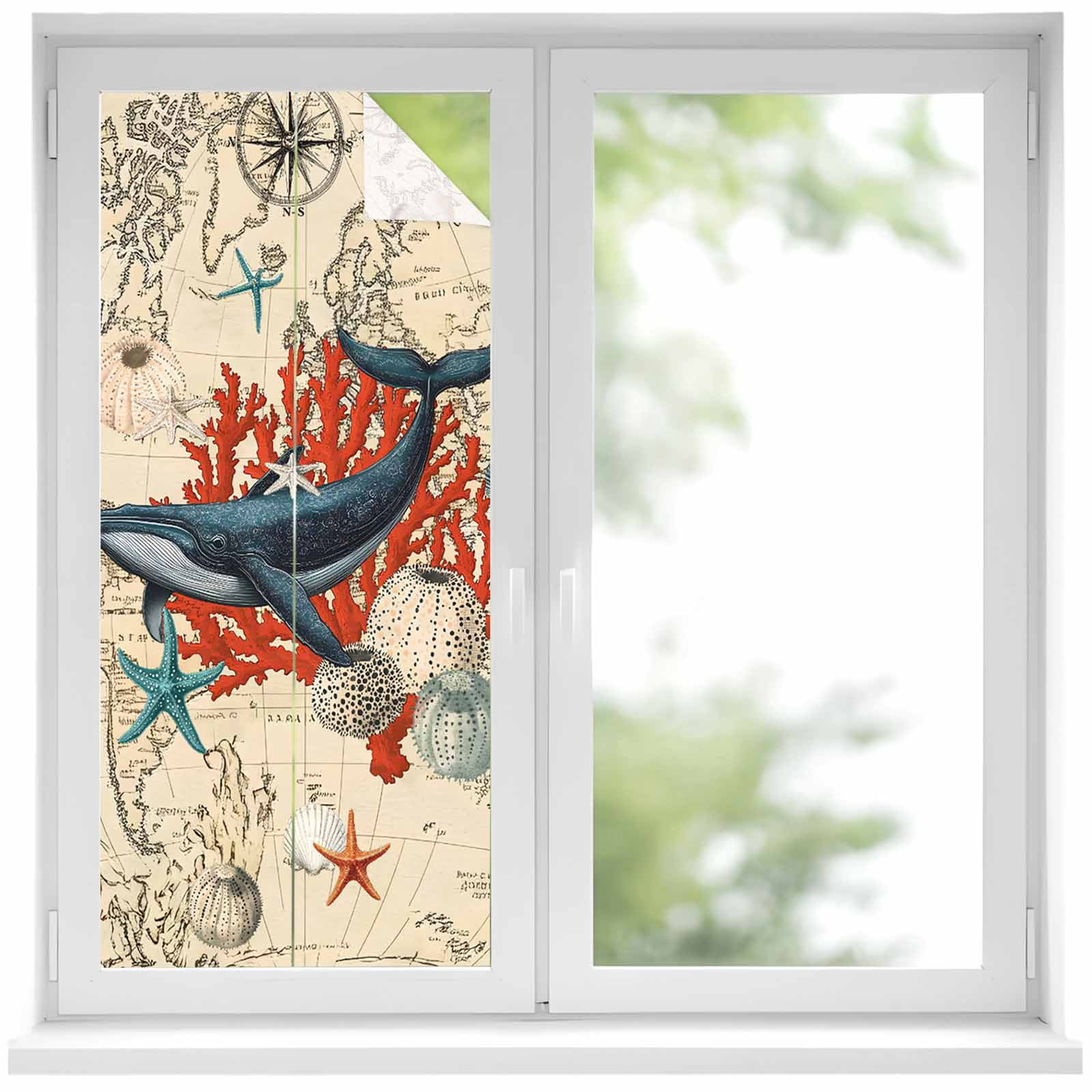 Whale Window Privacy Film, Coral Starfish Frosted Glass Window Clings ...