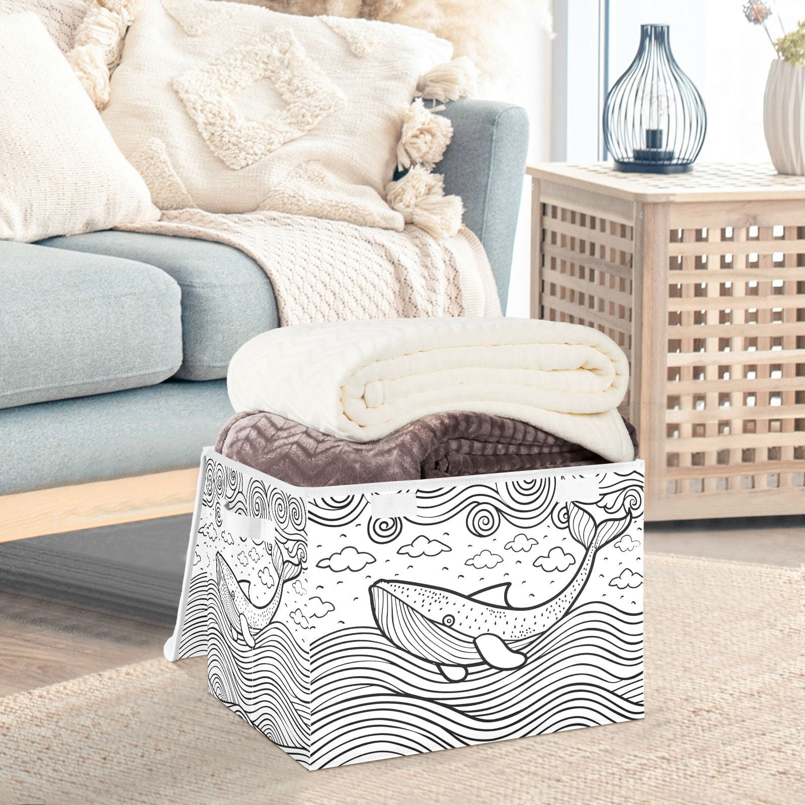 Whale and Ocean Waves Line Storage Basket Foldable Laundry Basket Shelf ...