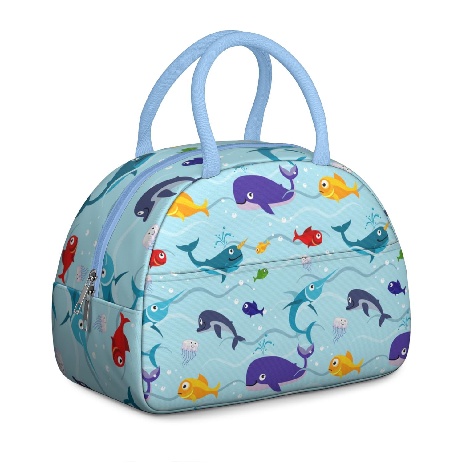 Whale and Shark Lunch Bag, Nautical Print Reusable Insulated Tote for ...