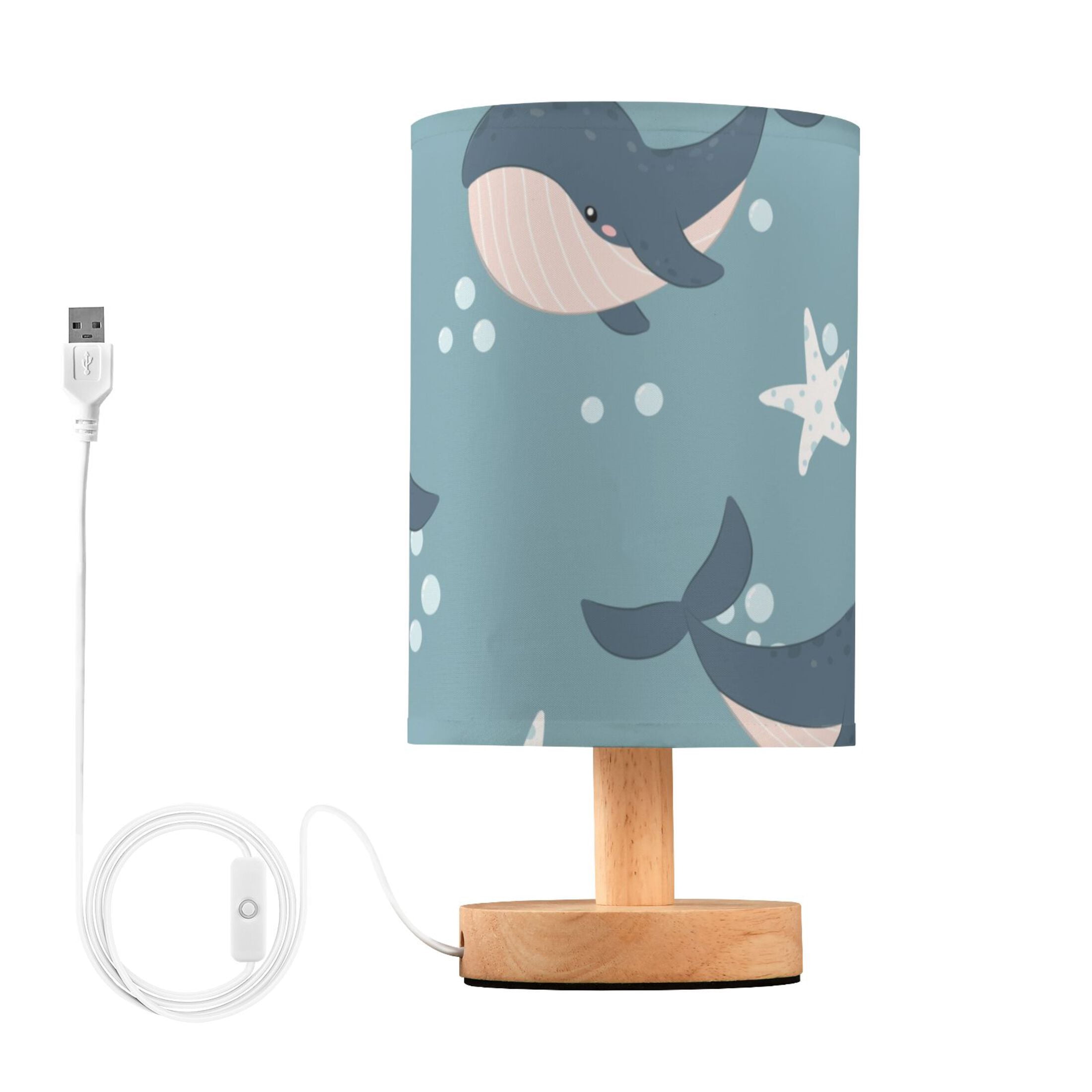Whale on Blue Print Bedside Table Lamp LED Warm Lights with USB ...