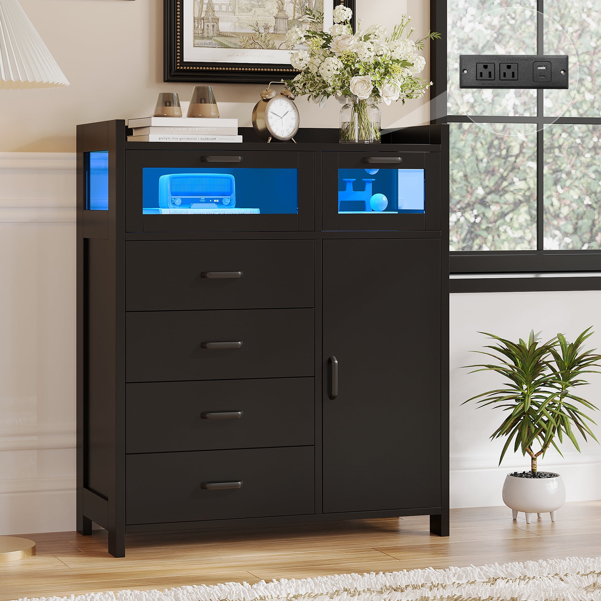 Whalefall 4 Drawer LED Dresser with Power Socket, Adult Bedroom Chest ...