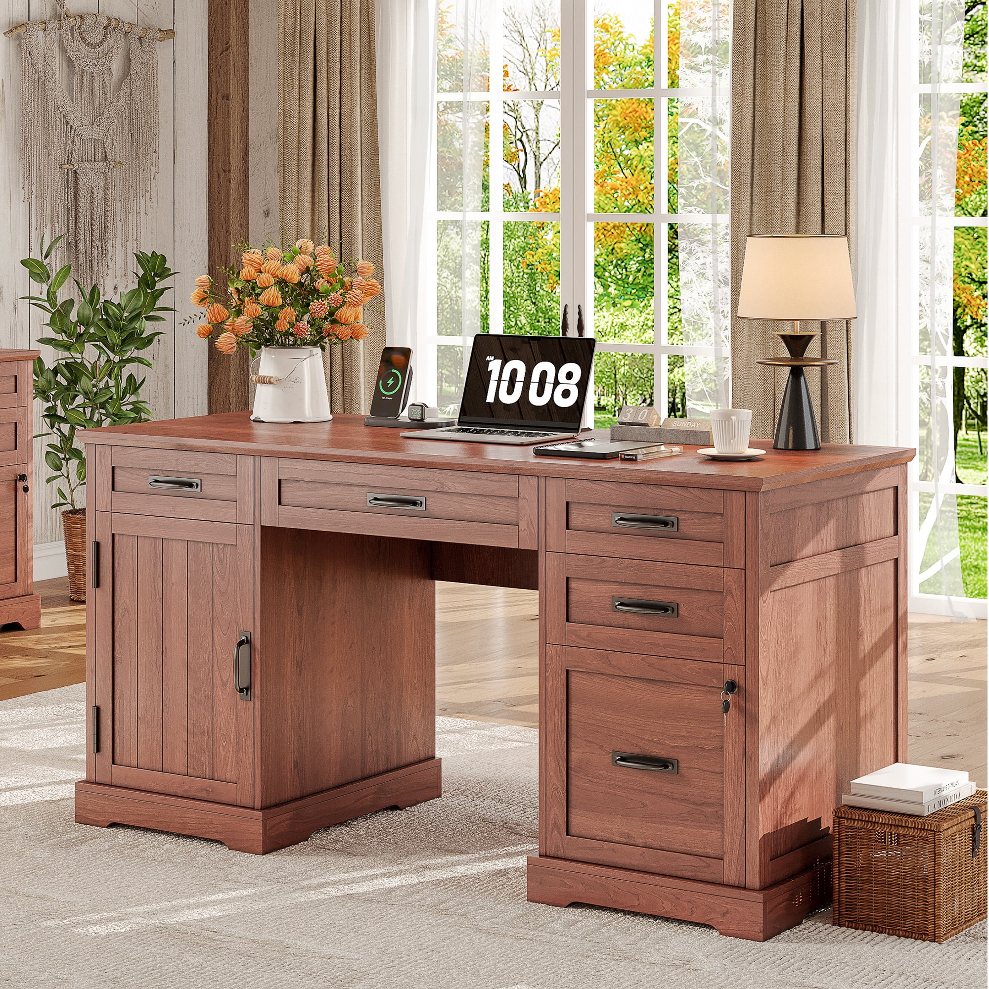 Whalefall 55'' Farmhouse Executive Desk with File Drawers, Modern Home ...