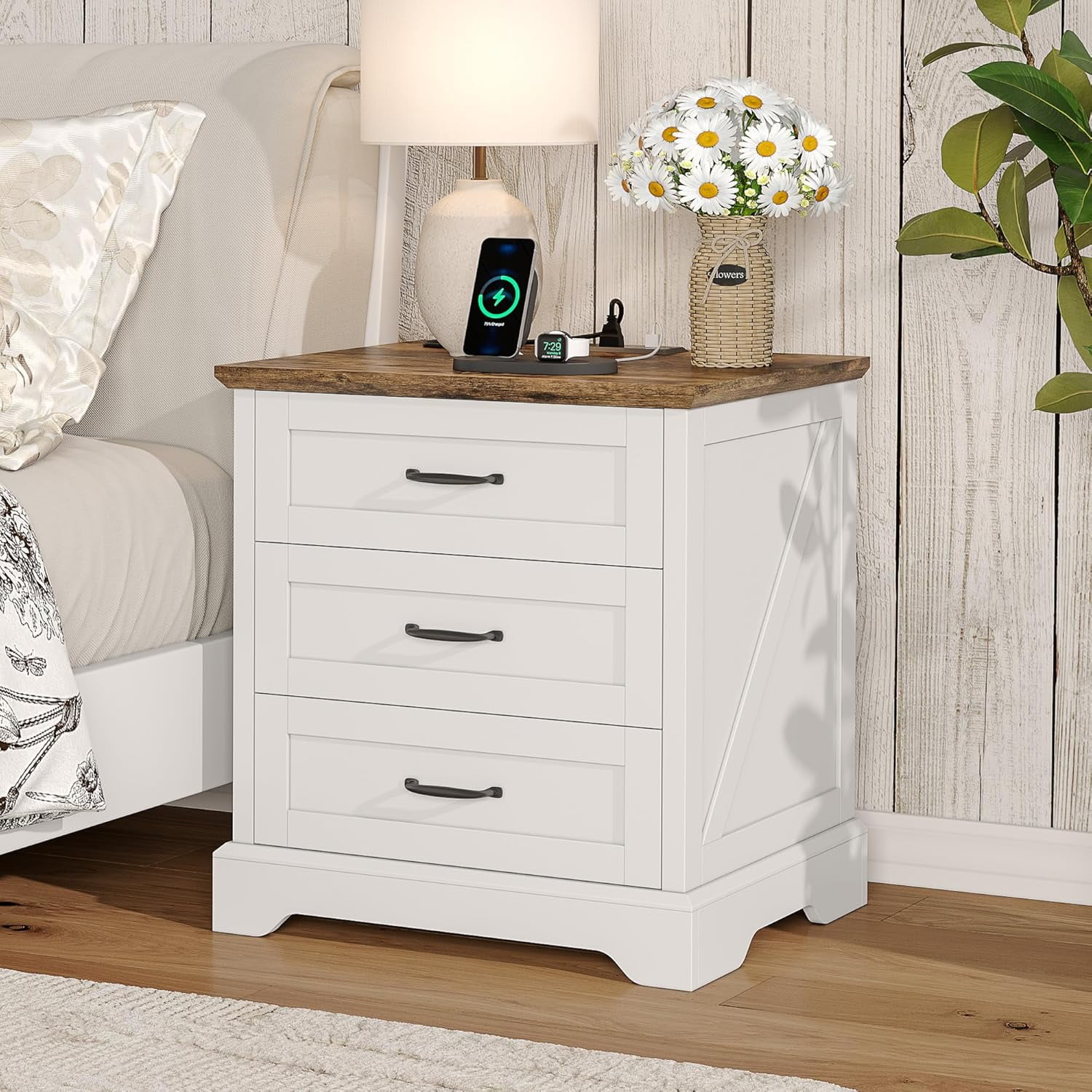Whalefall Farmhouse Nightstand with Charging Station, 3 Drawers Bedside ...