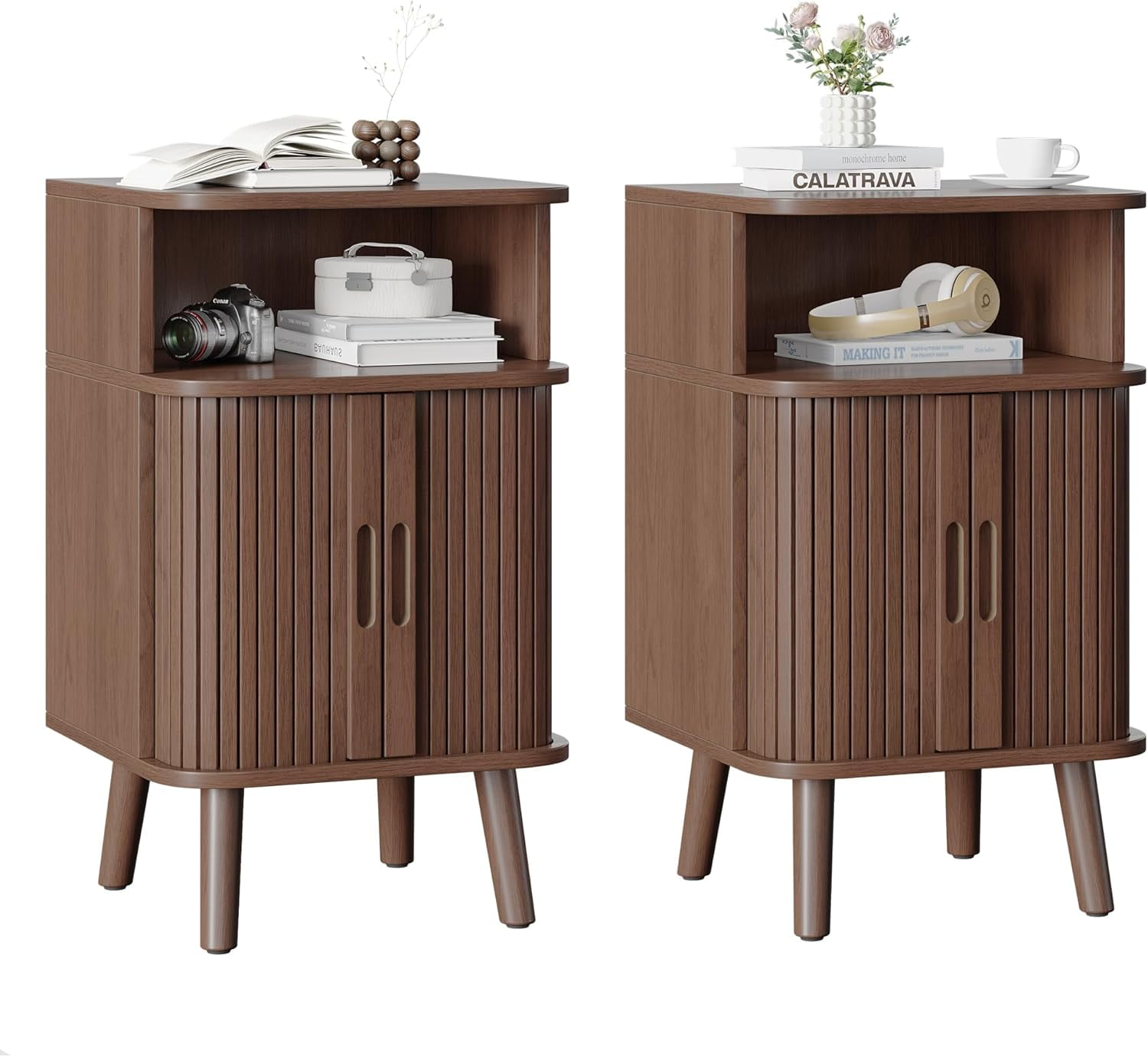 Whalefall Fluted End Table Set of 2, Mid Century Modern Nightstand with ...