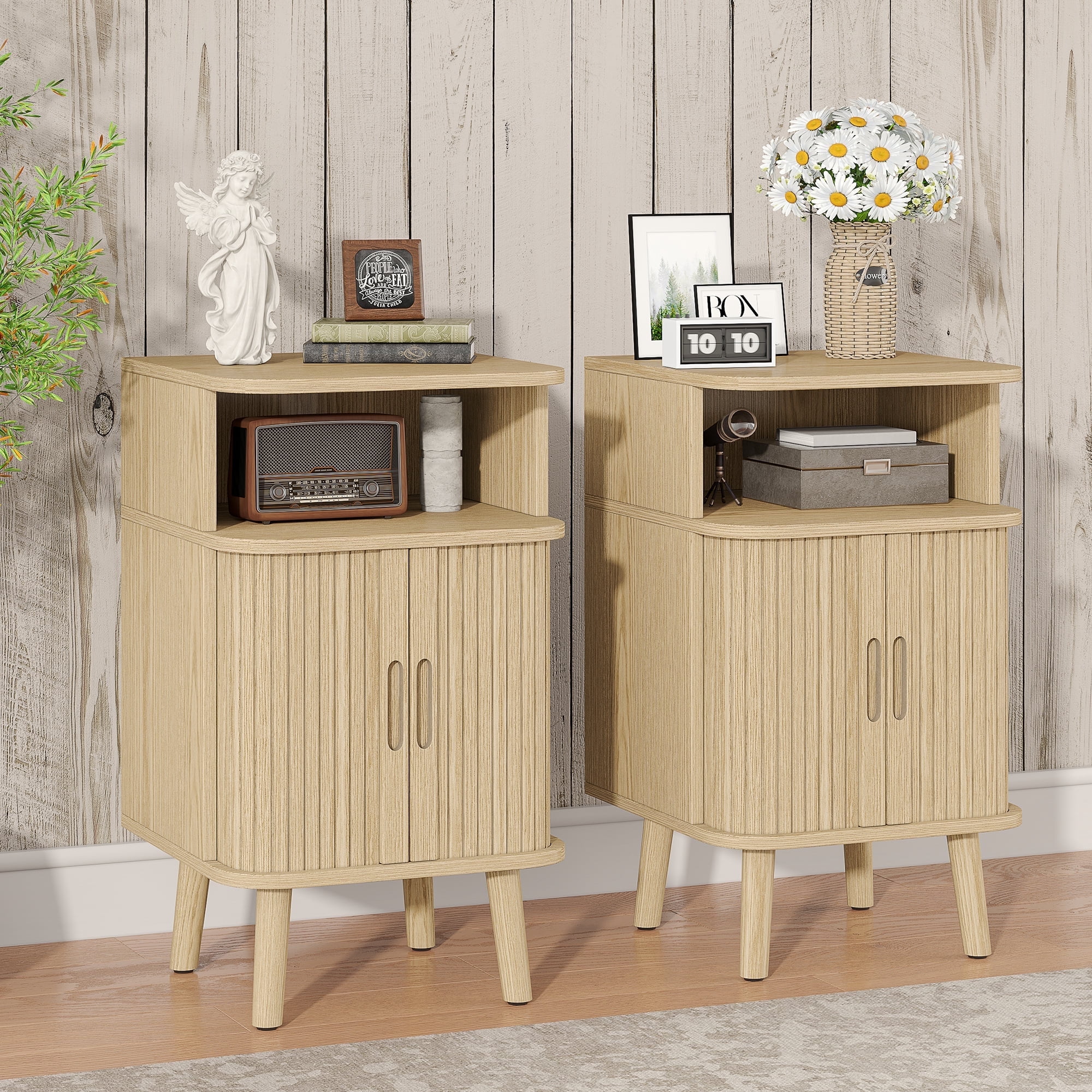 Whalefall Mid-Century Modern End Table Set of 2, Wood Fluted Tall ...