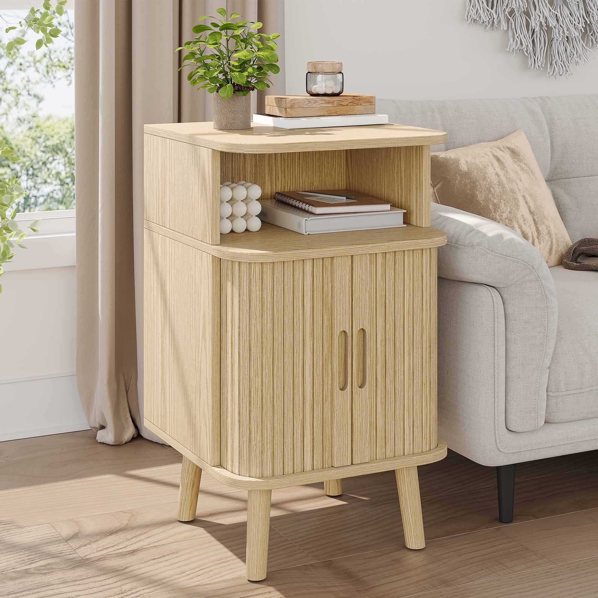 Whalefall Mid-Century Modern Fluted End Table, Tall Wood Nightstand ...