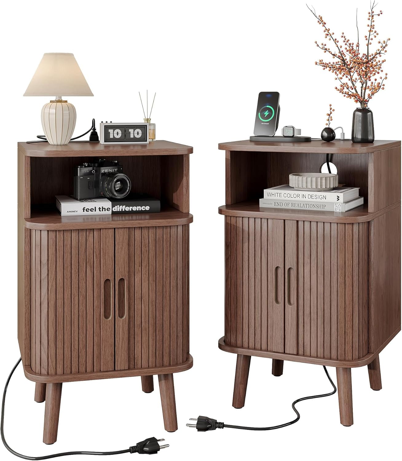 Whalefall Night Stand Set of 2 with Charging Station, Mid Century Modern Fluted End Tables with ...